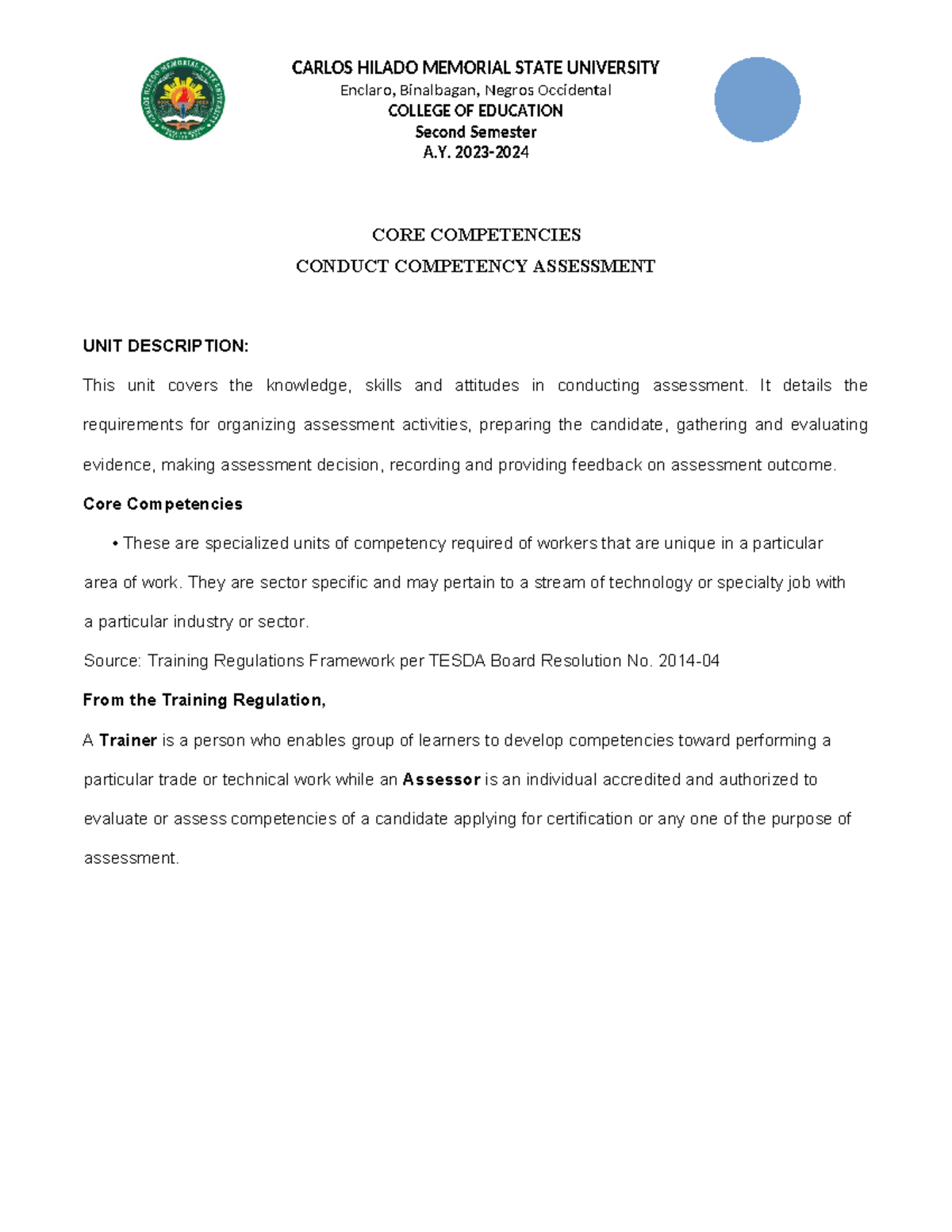 CORE Competencies Conduct Competency Assessment - Enclaro, Binalbagan ...