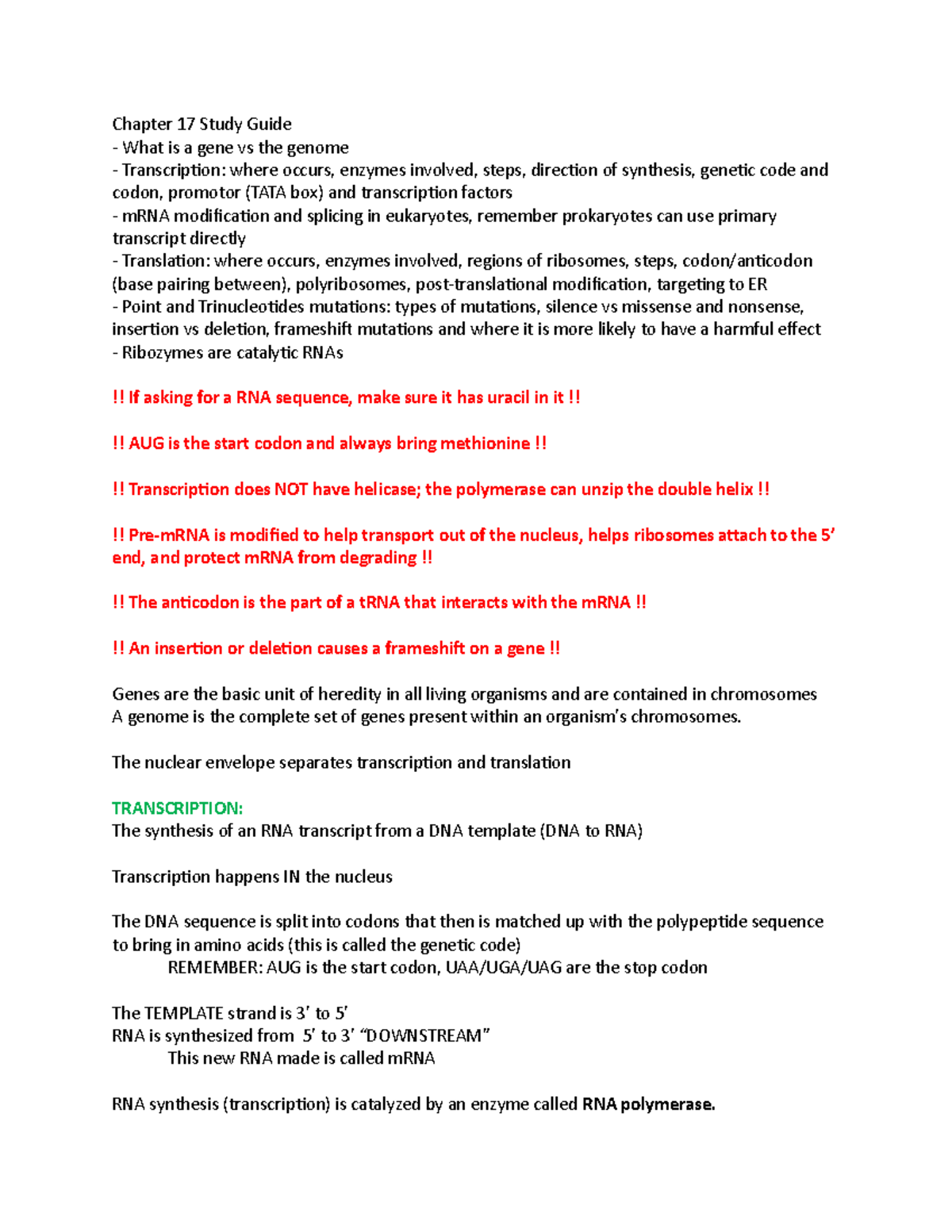 Chapter 17 Study Guide - Chapter 17 Study Guide What is a gene vs the ...