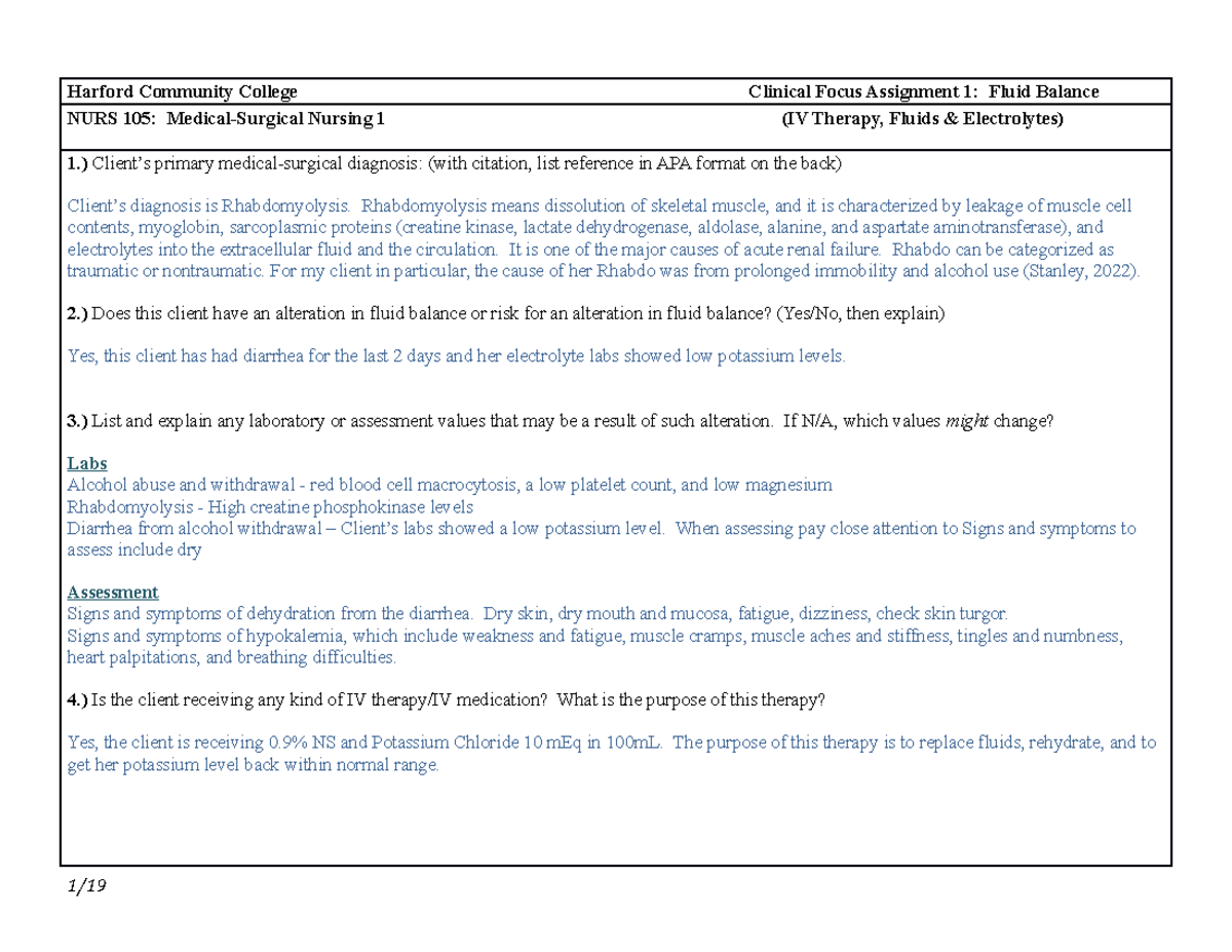 Clin Focus Assignment 1 - Fluid Balance - Harford Community College ...