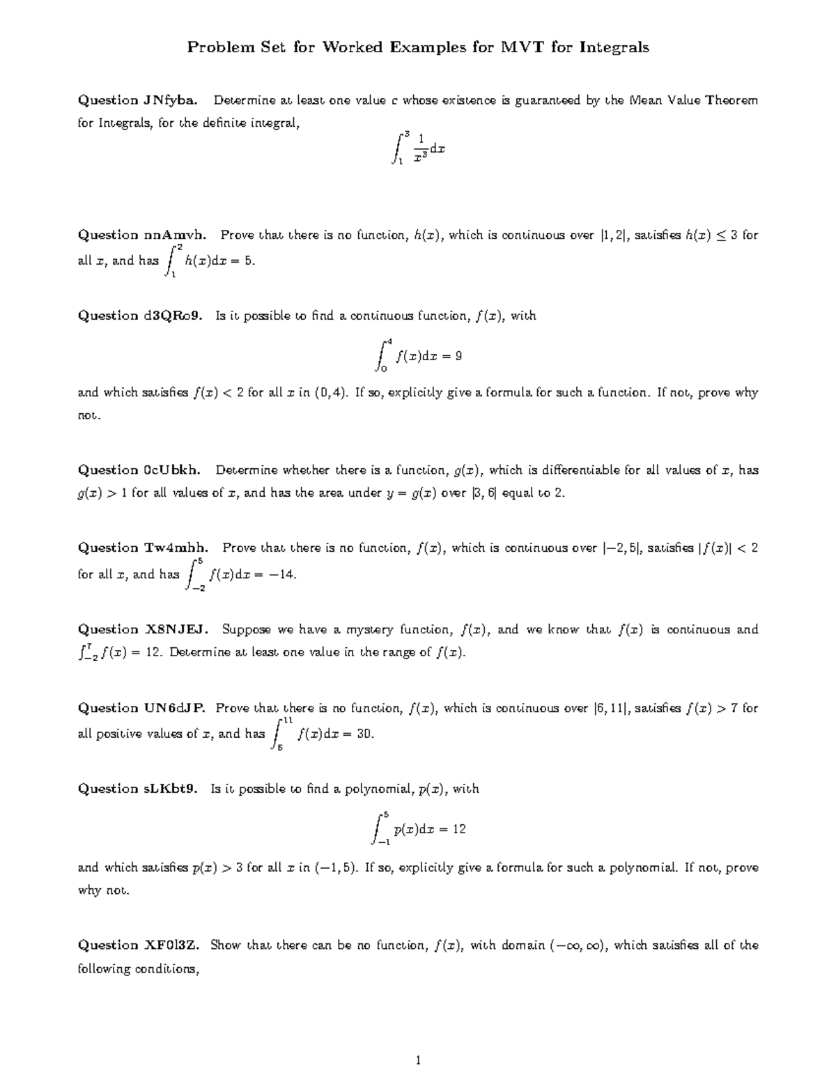 (Calculus 1501) Worked Examples for MVT for Integrals - Problem Set for Worked Examples for MVT ...