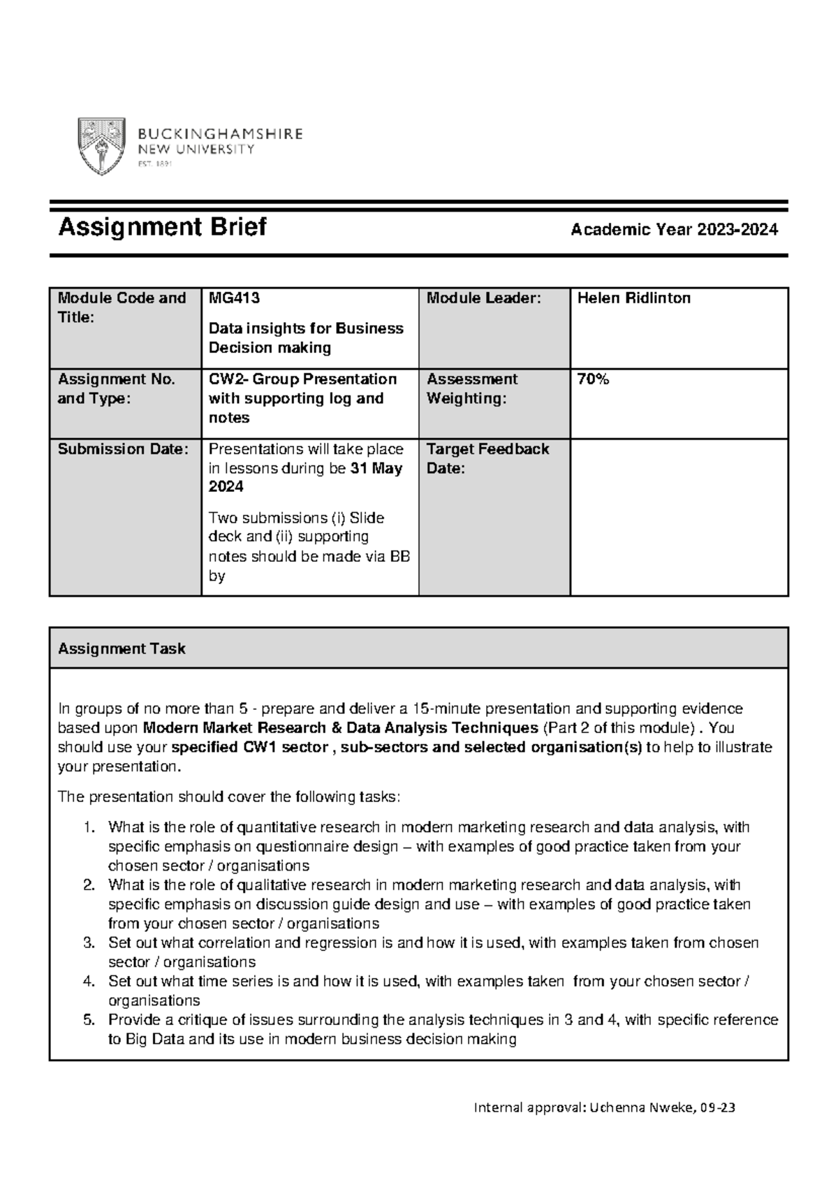 MG413 CW2 2023 - assignment - Internal approval: Uchenna Nweke, 09- 23 Assignment Brief Academic ...