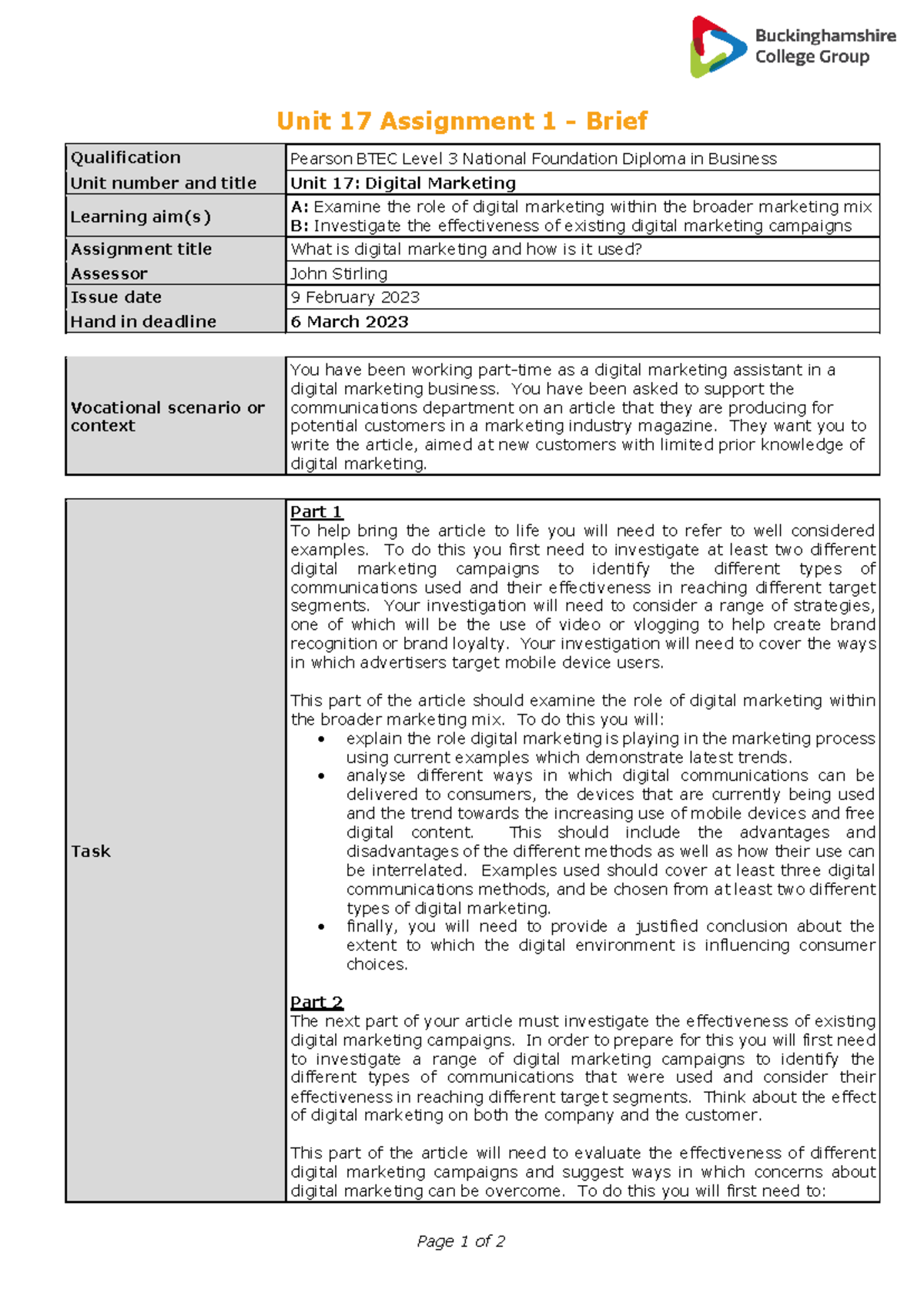 Unit 17 Assignment 1 (2022-23) - Page 1 of 2 Unit 17 Assignment 1 - Brief Qualification Pearson ...