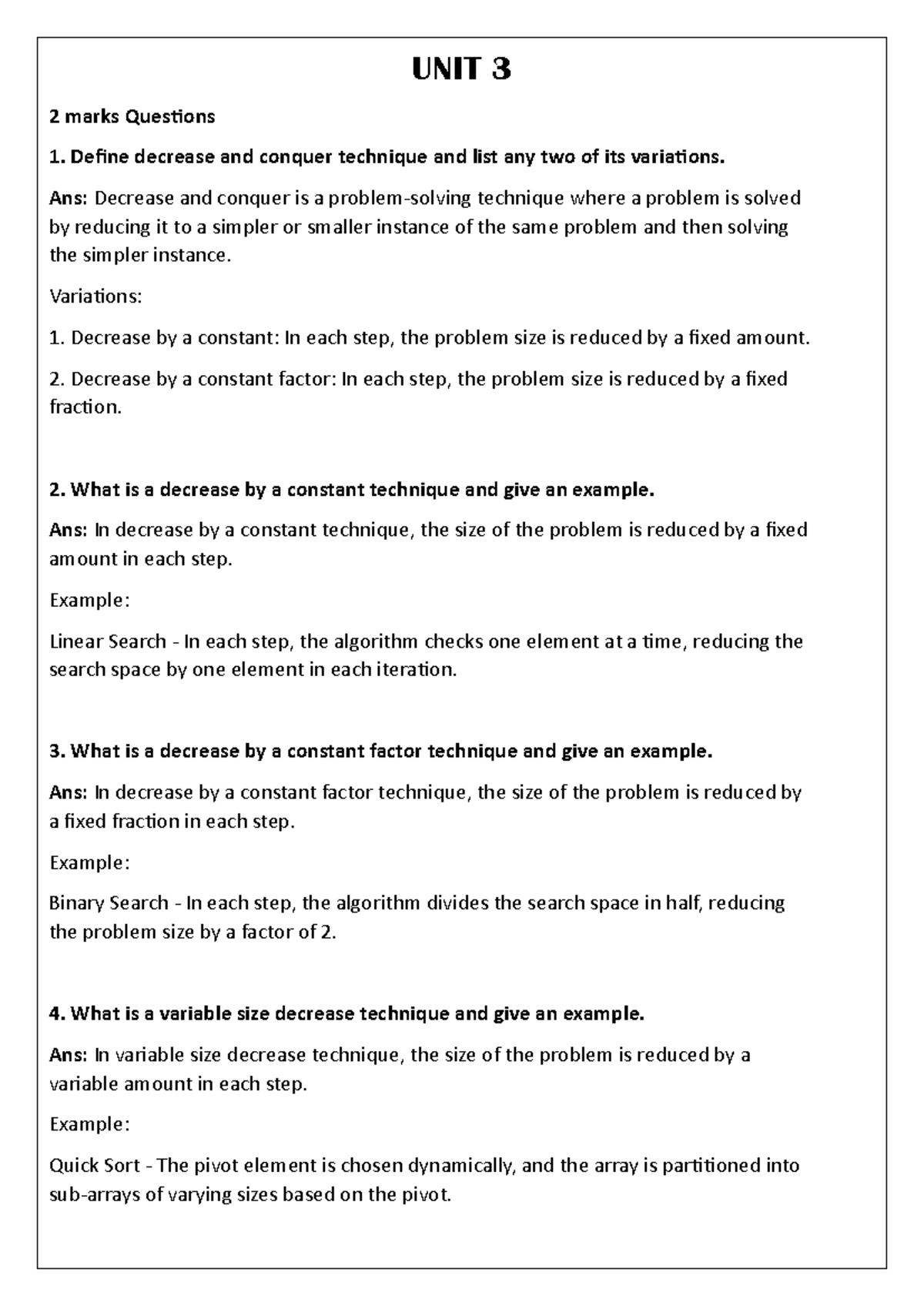 Algorithm U3 Answer Key - UNIT 3 2 marks Questions Define decrease and ...
