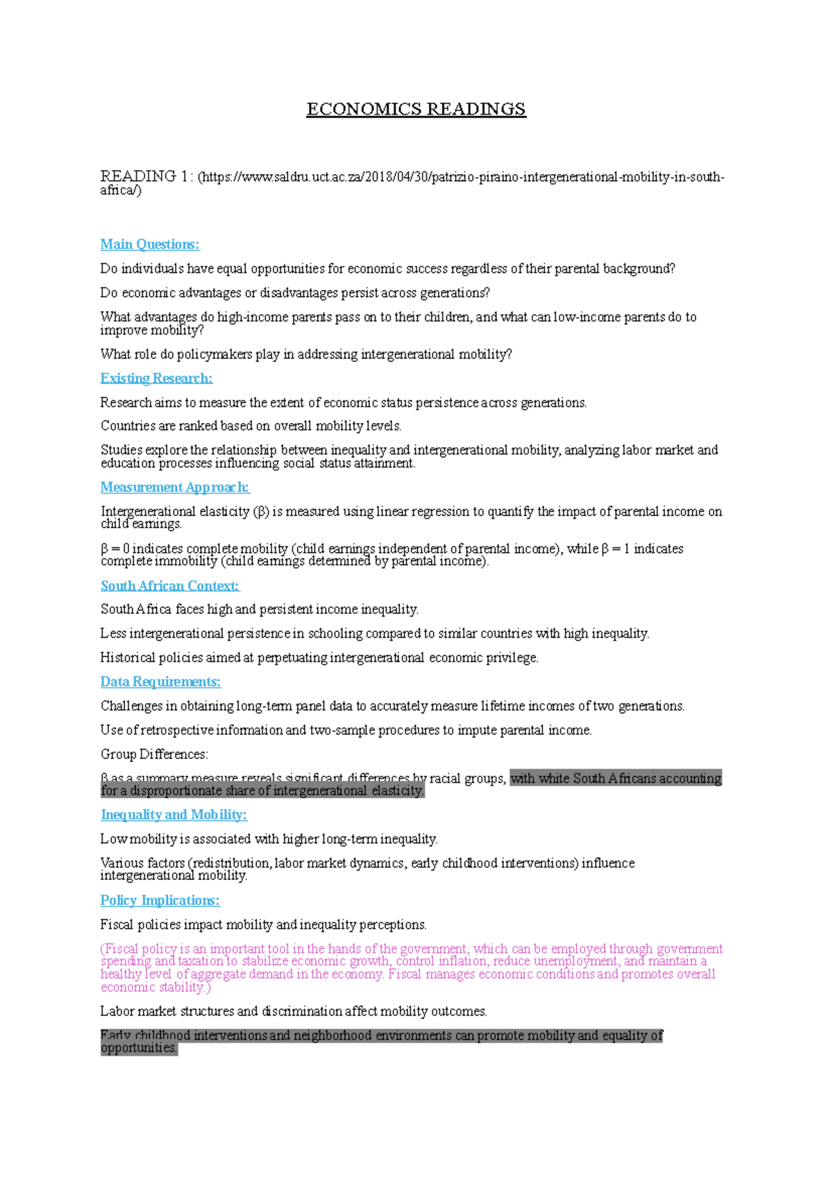 Economics Summaries - ECONOMICS READINGS READING 1: - Studocu