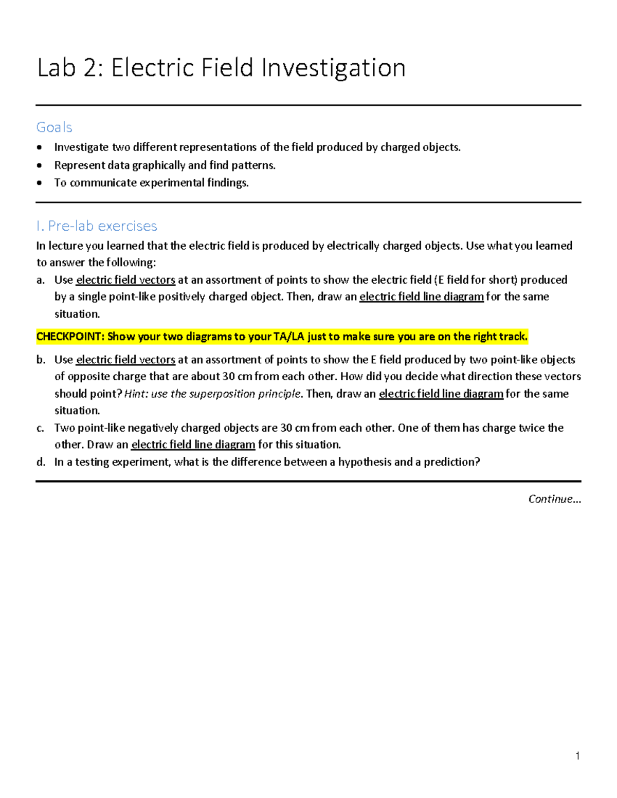 Lab 2 electrical field - Lab 2 : Electric Field Investigation Goals ...