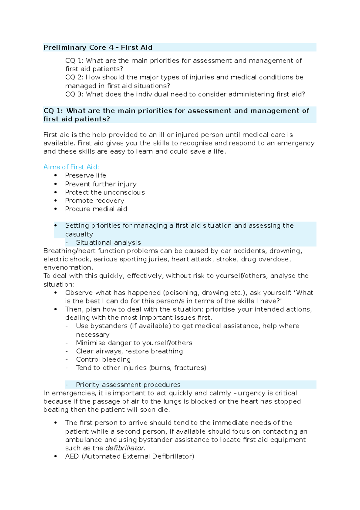 Preliminary Core 4 – First Aid - Preliminary Core 4 – First Aid CQ 1 ...