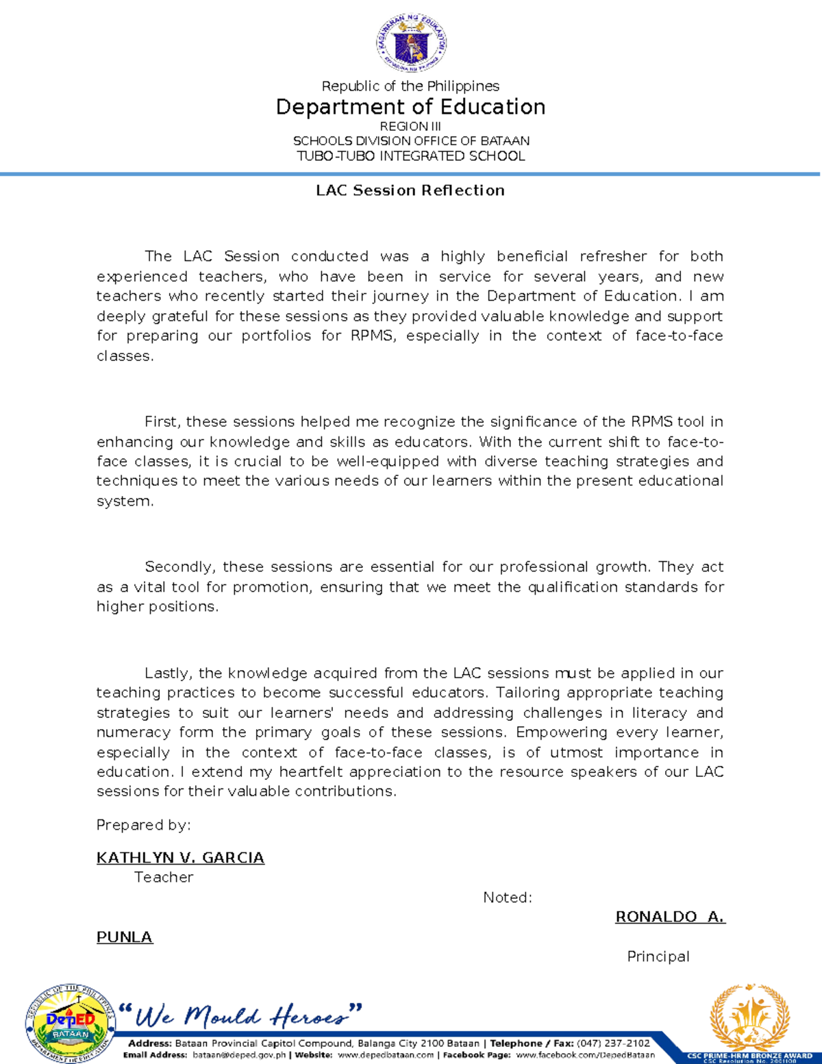 Reflection LAC - Republic of the Philippines Department of Education ...