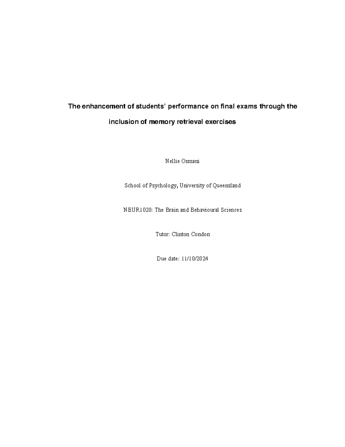 Research Claim Essay - NEUR1020 - The enhancement of students ...
