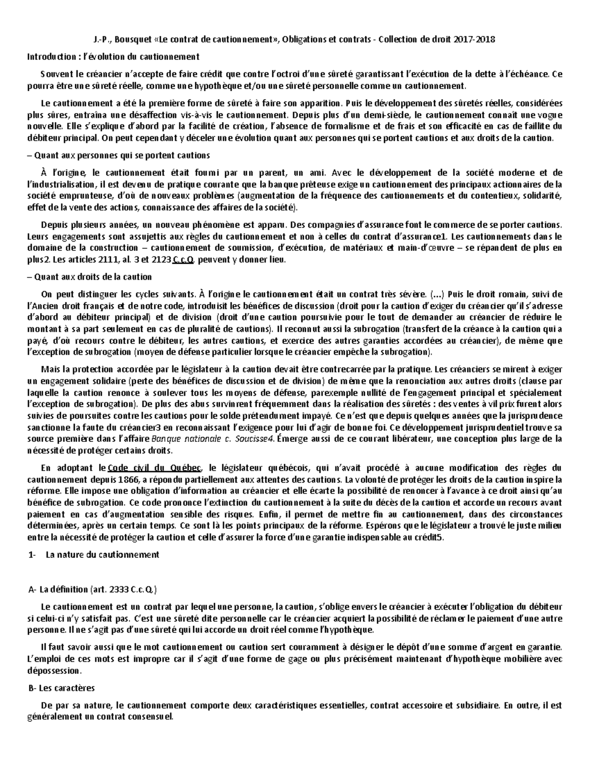 Cautionnement - J.-P., Bousquet «Le contrat de cautionnement ...