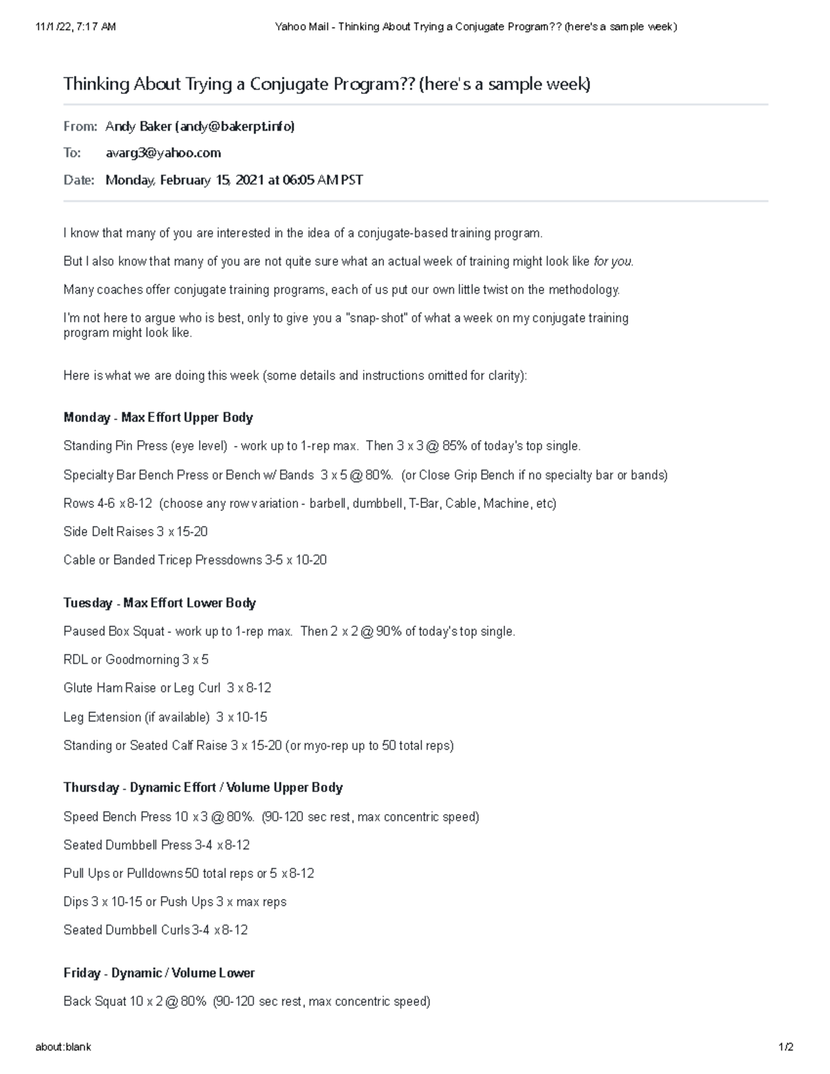 Thinking About Trying a Conjugate Program (here's a sample week) - But ...