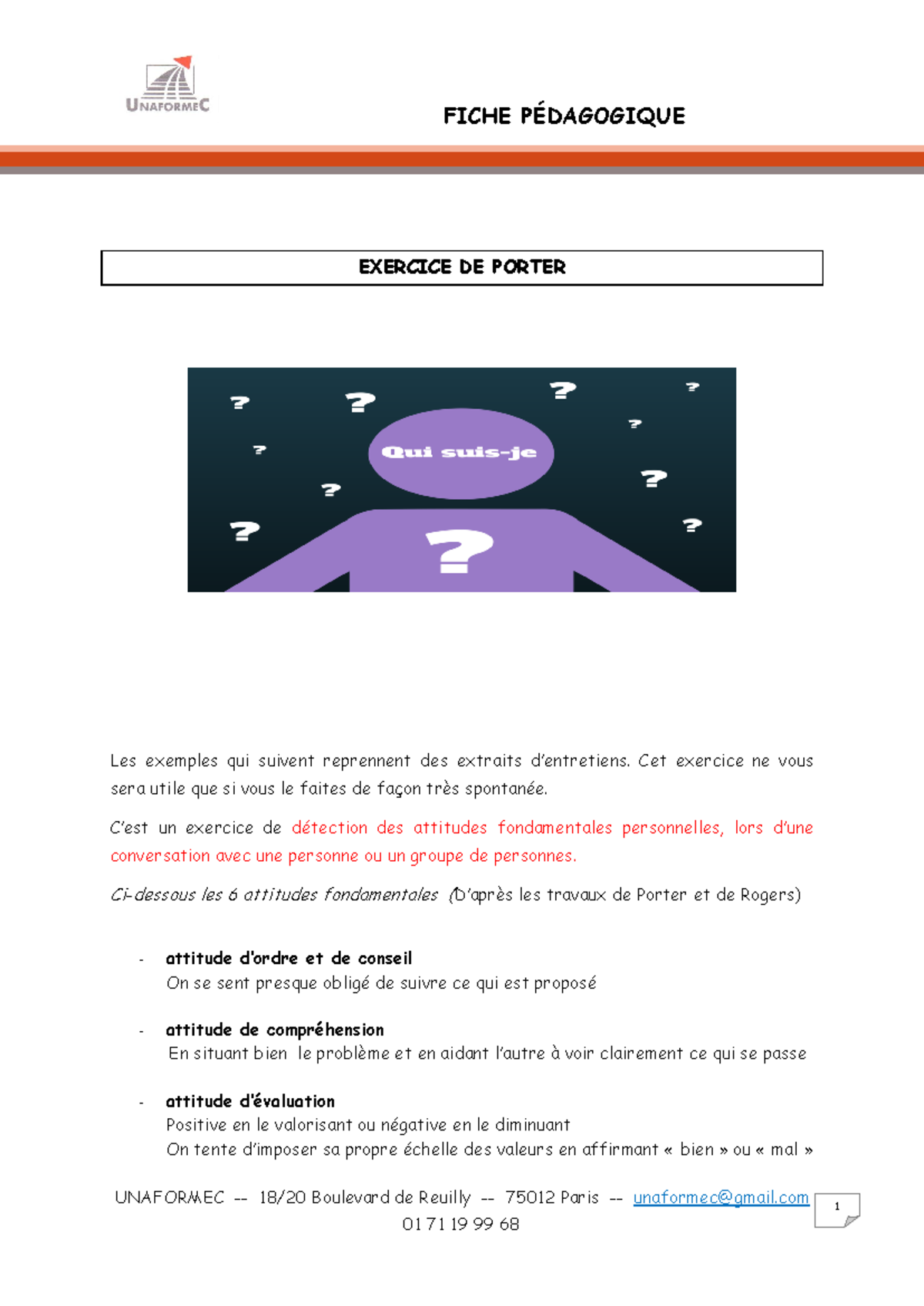 Exercice de porter fiche - FICHE PÉDAGOGIQUE UNAFORMEC - 18/20 Boulevard de Reuilly - 75012 ...