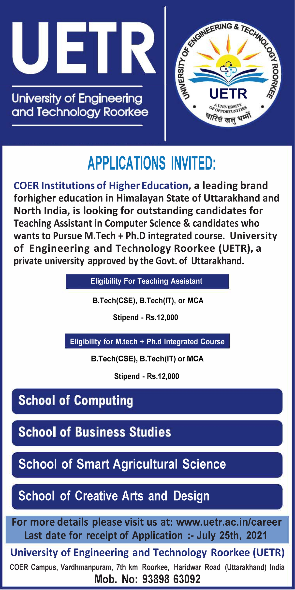UETR - detailed notes - UETR APPLICATIONS INVITED: COER Institutions of ...