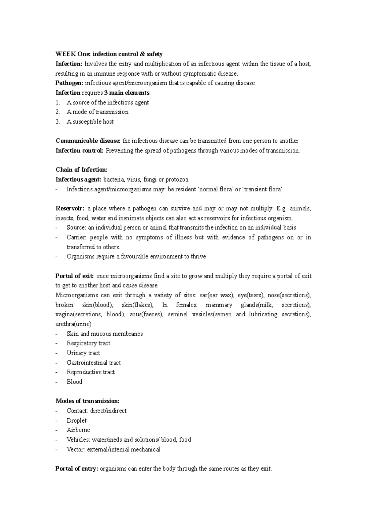 Nursing Practice - Notes from week 1 to 8 - WEEK One: infection control ...