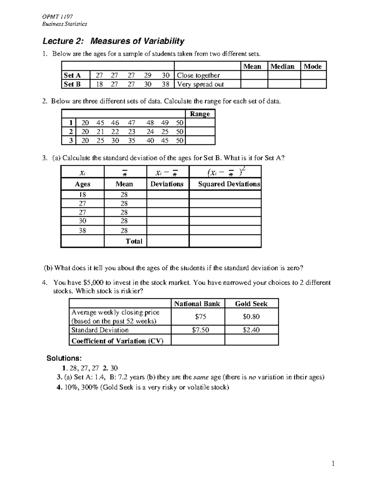 Lecture Notes OPMT - Business Statistics Lecture 2: Measures of ...