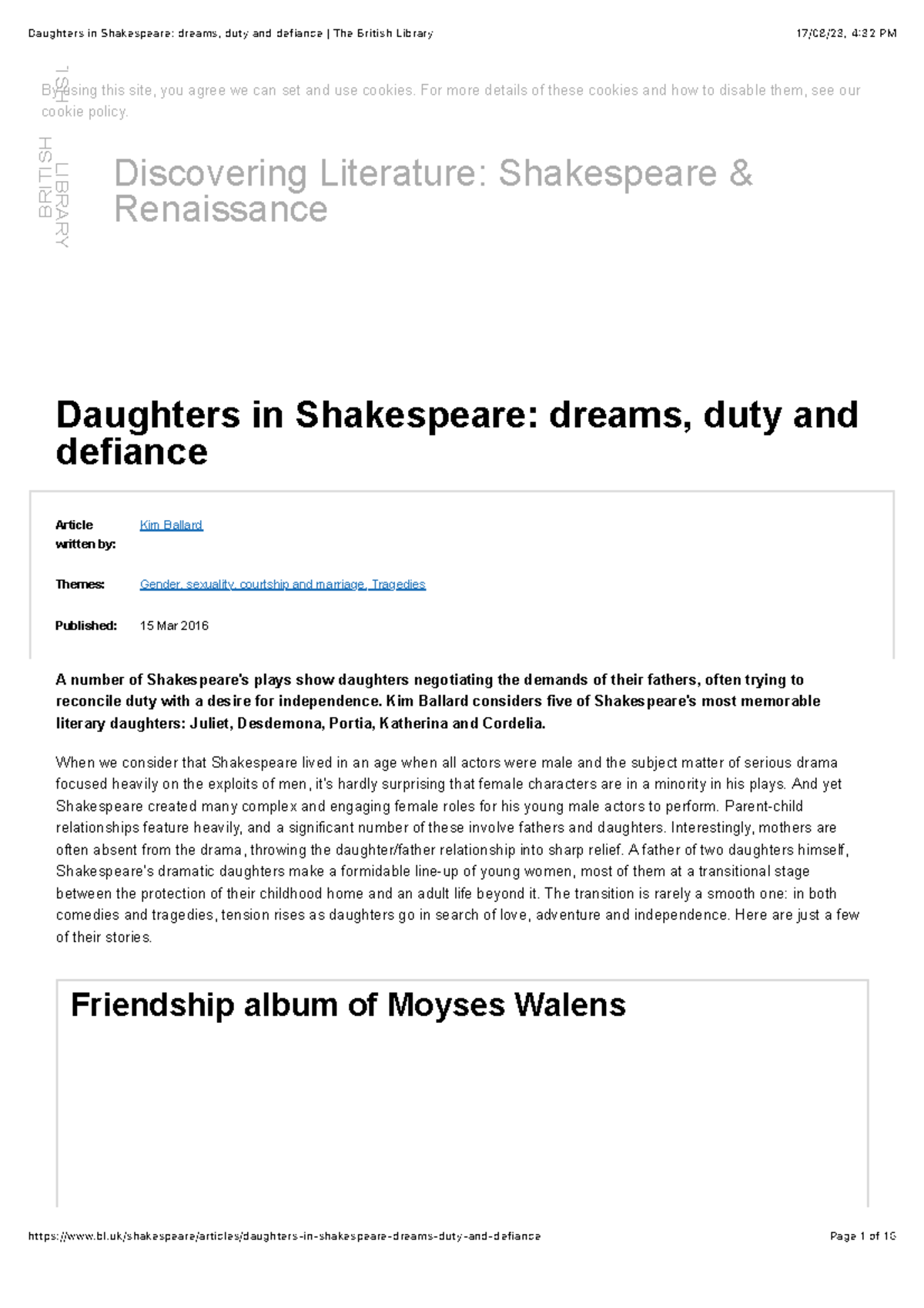 Daughters in Shakespeare: dreams, duty and defiance The British Library ...