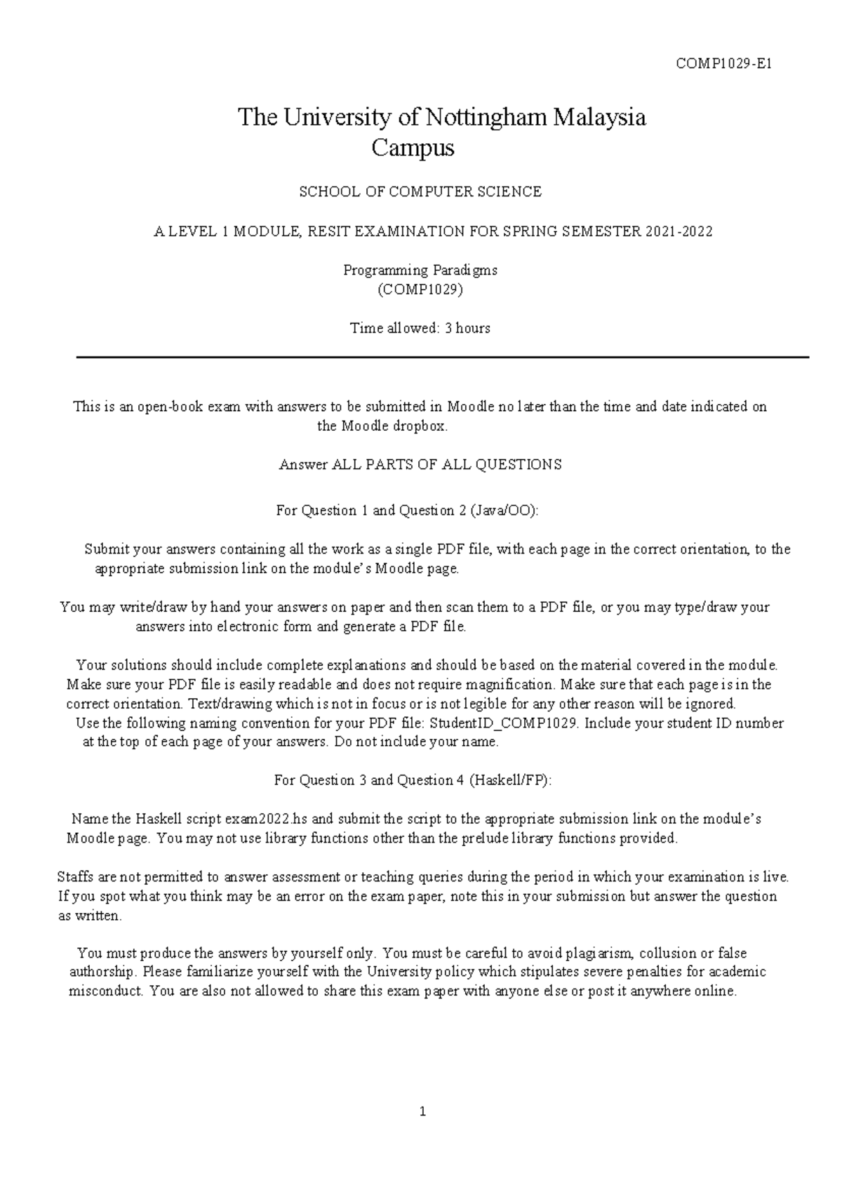 COMP1029 Resit Final Exam 2022 - COMP1029-E The University of ...
