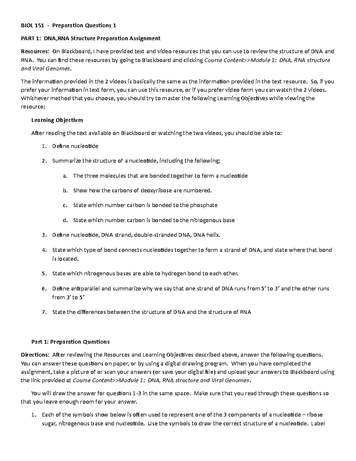 Module 1 Prep Assess, DNA, RNA structure - BIOL 151 - Preparation Questions 1 PART 1: DNA,RNA ...