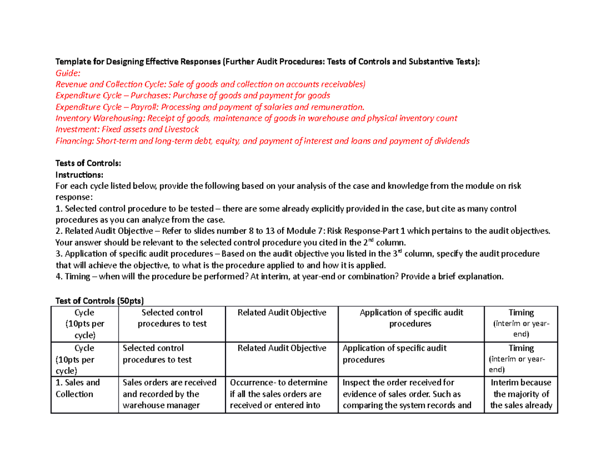 Template for Tests of Controls and Substantive Tests - Template for ...