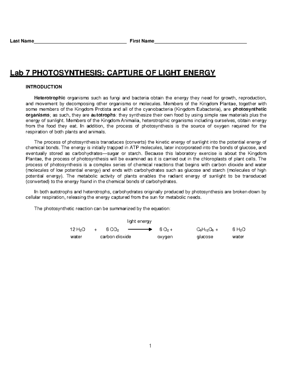 Lab 7 photosynthesis - Lab print - Last Name ...