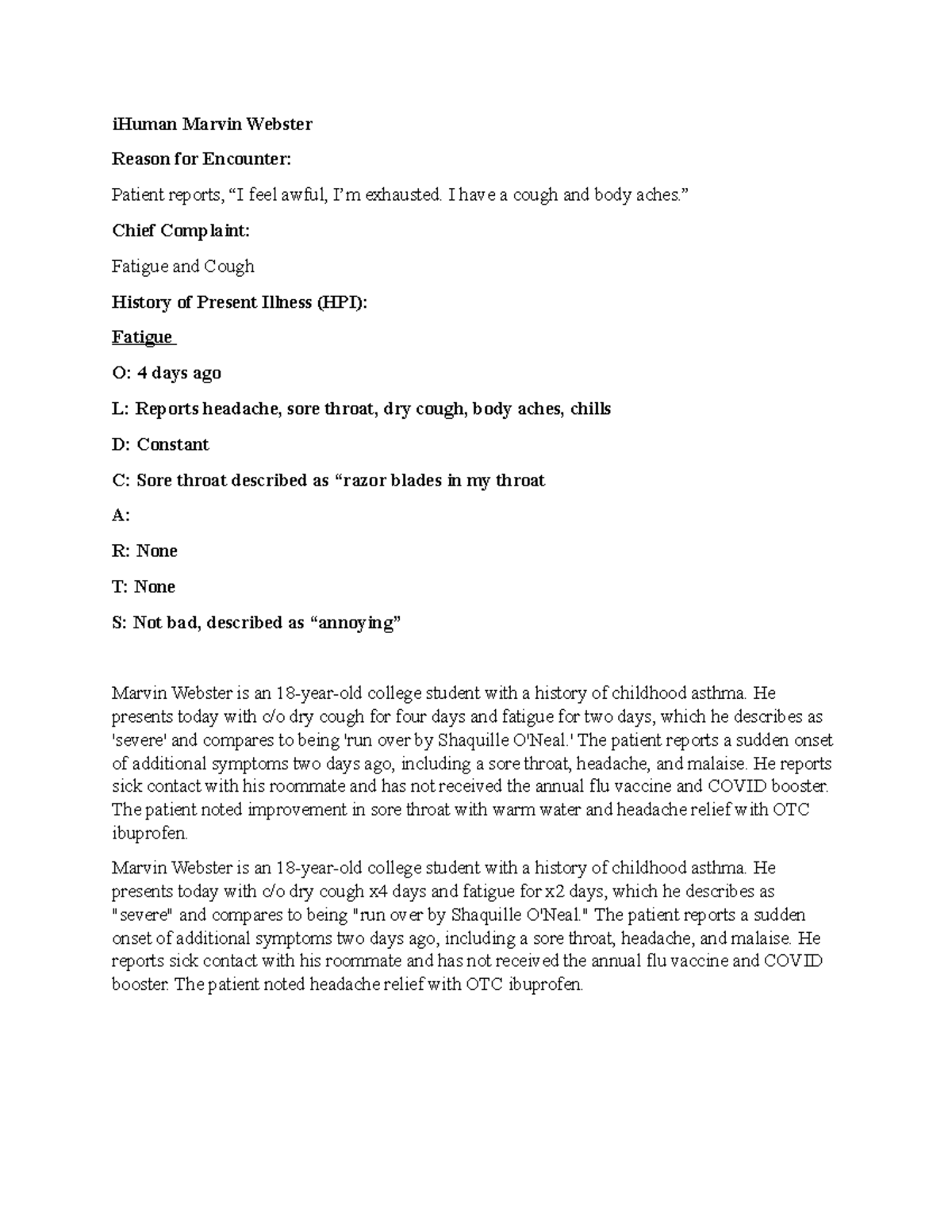 NR509 Advanced Physical Assessment - i Human Marvin Webster ( Notes ...