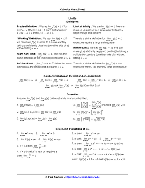 Calculus cheat sheet all - Limits Definitions Precise Definition : We ...