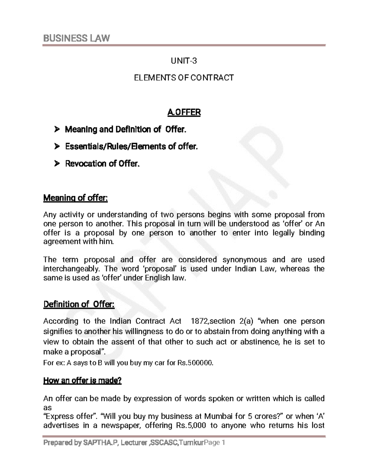 Offer-Meaning & Types - Precise notes - UNIT- 3 ELEMENTSOFCONTRACT A ...