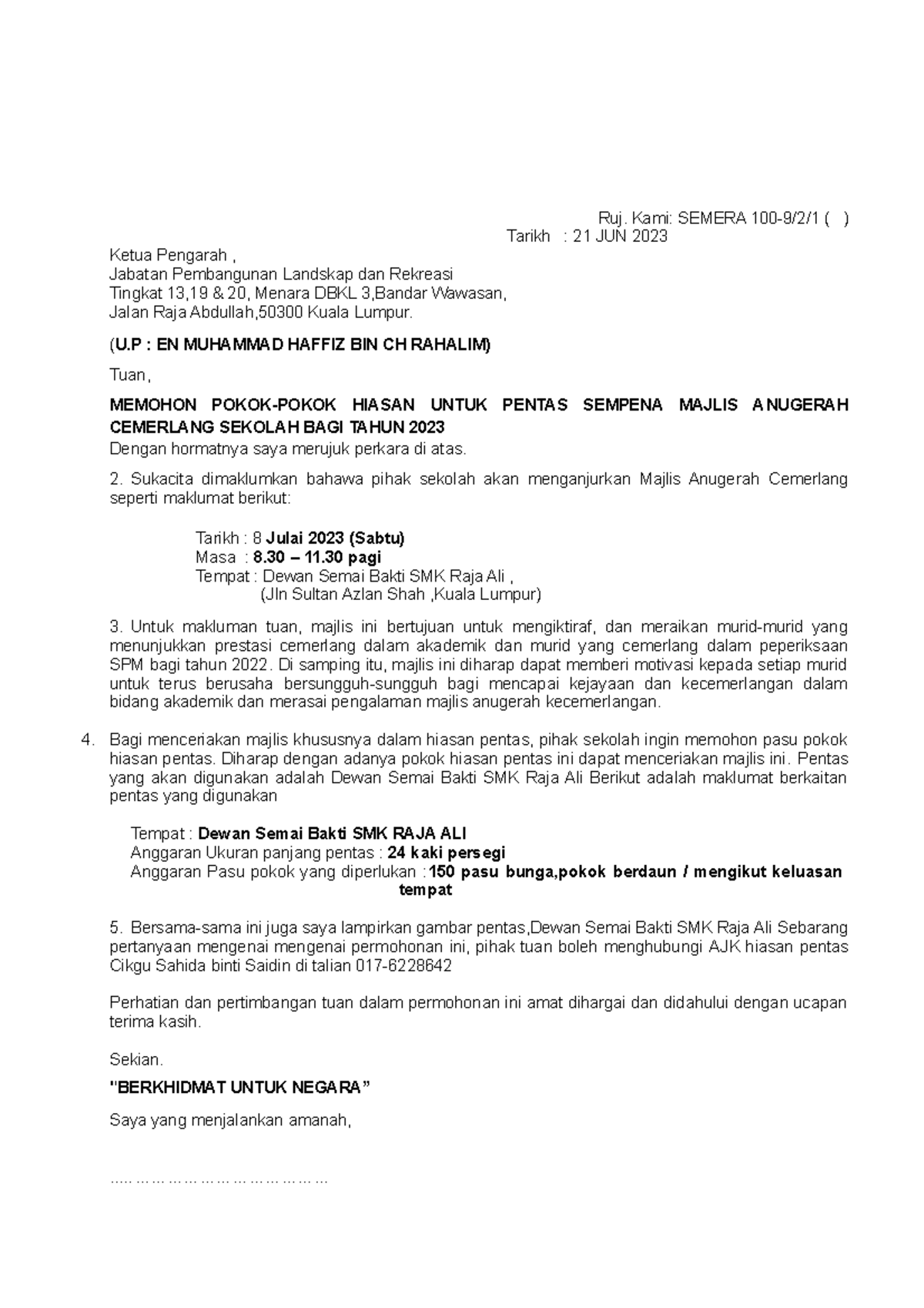 Semera- Surat permohonan Pokok Hiasan Pentas DBKL-Majlis MAC 2023 - Ruj ...