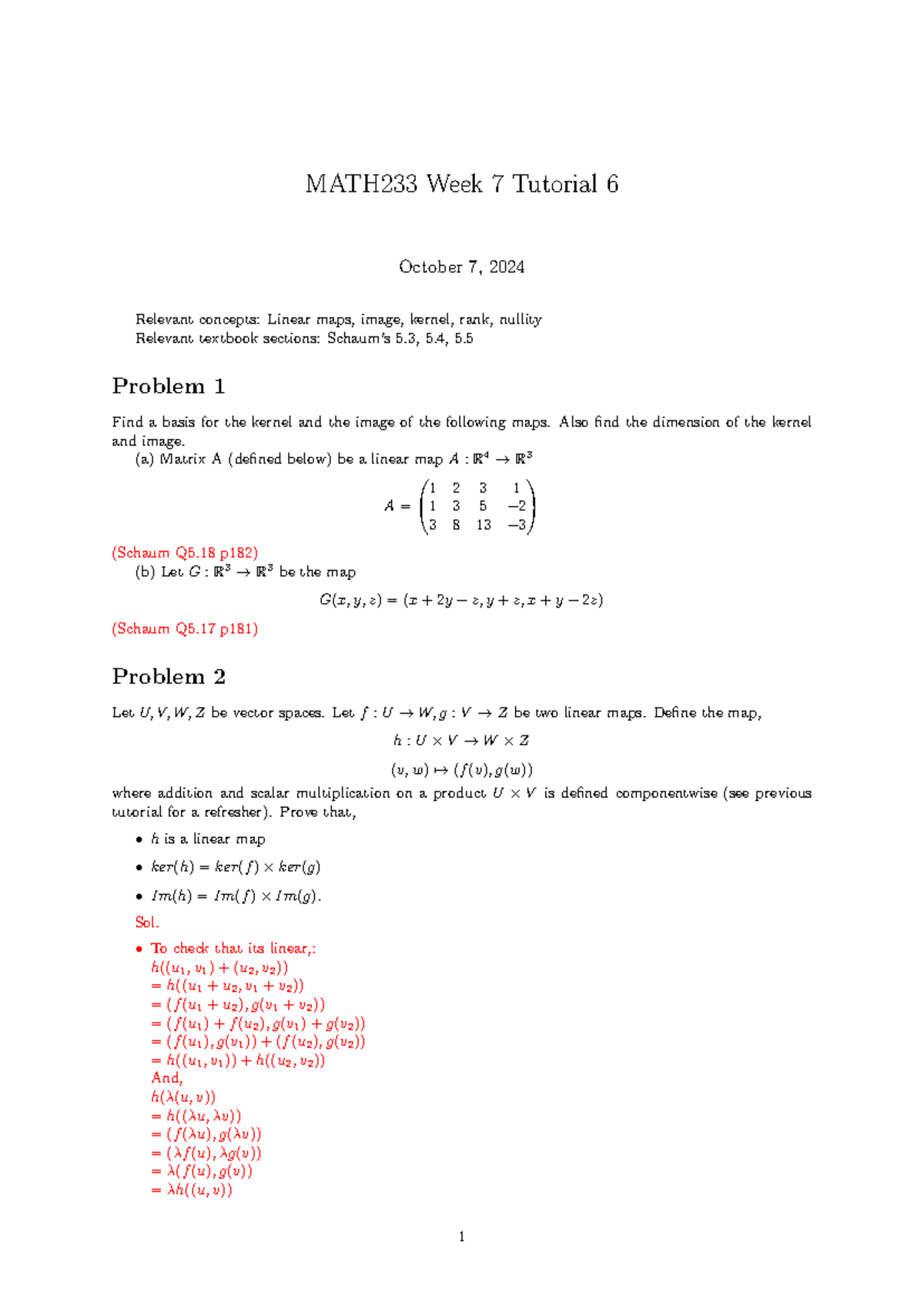 Tutorial 6 midterm review SOLution - MATH233 Week 7 Tutorial 6 October 7, 2024 Relevant concepts ...