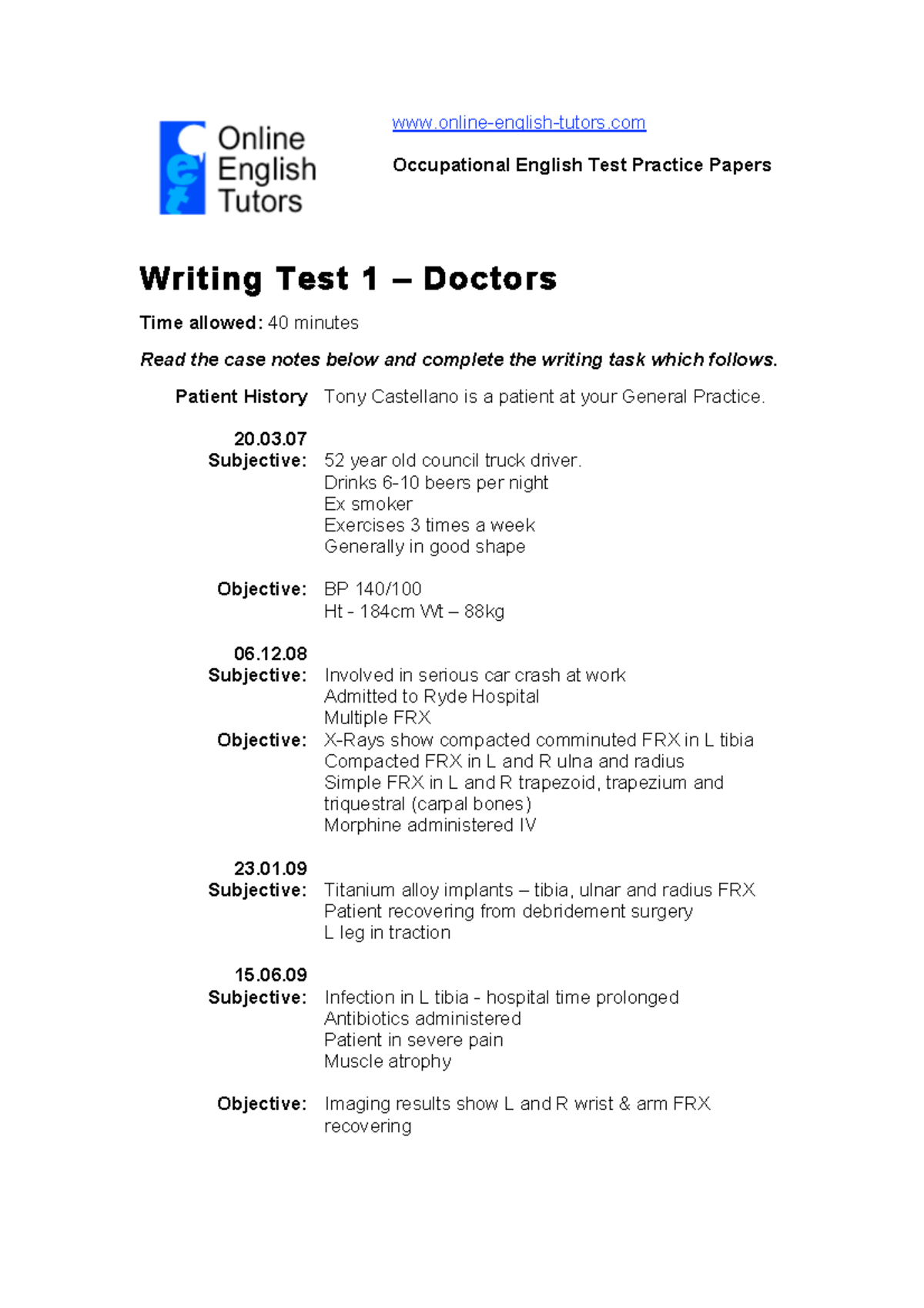 Writing Test 1 – Doctors Tony Castellano Doctors - online-english ...