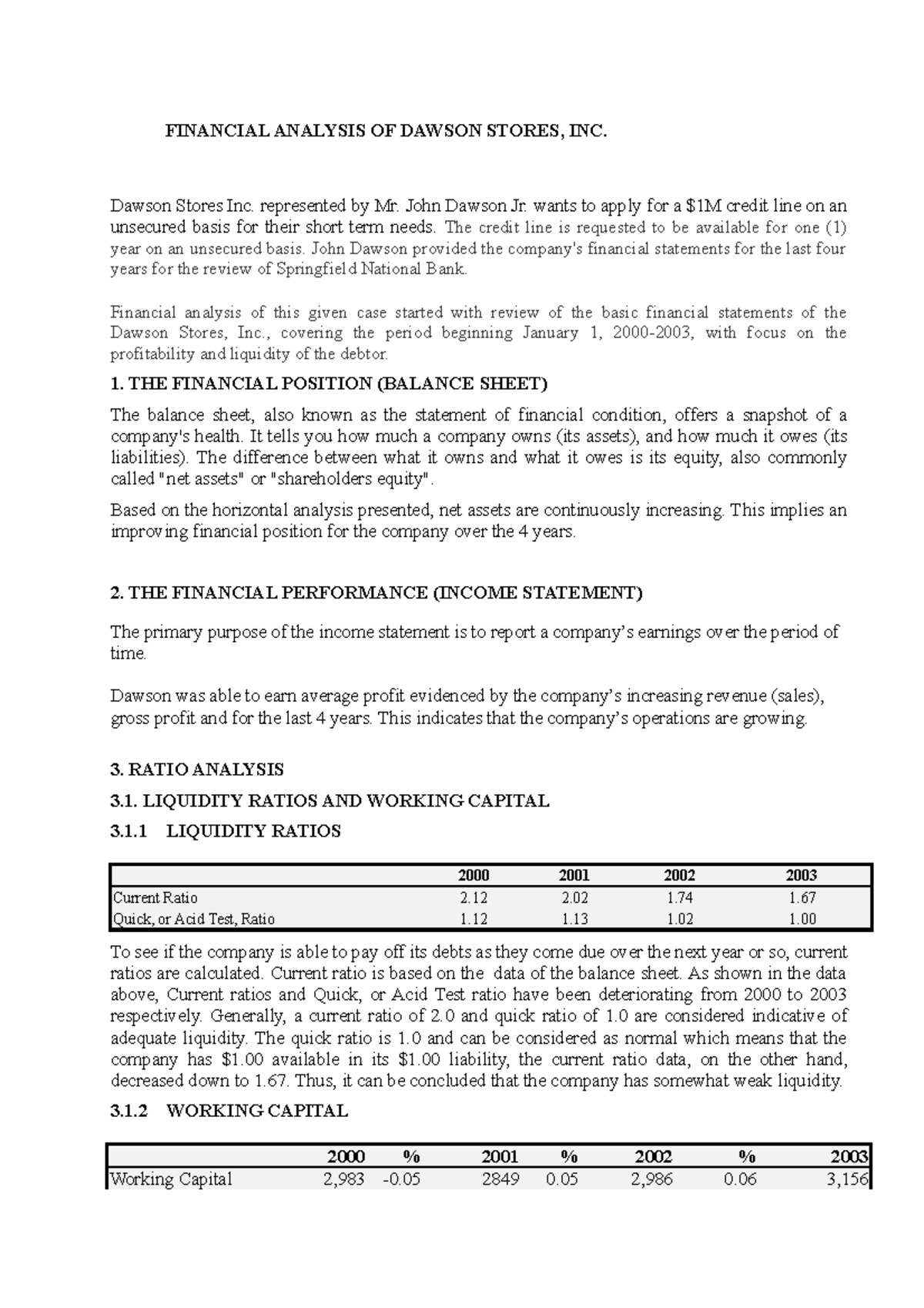 Financial Analysis OF Dawson Stores INC - FINANCIAL ANALYSIS OF DAWSON ...