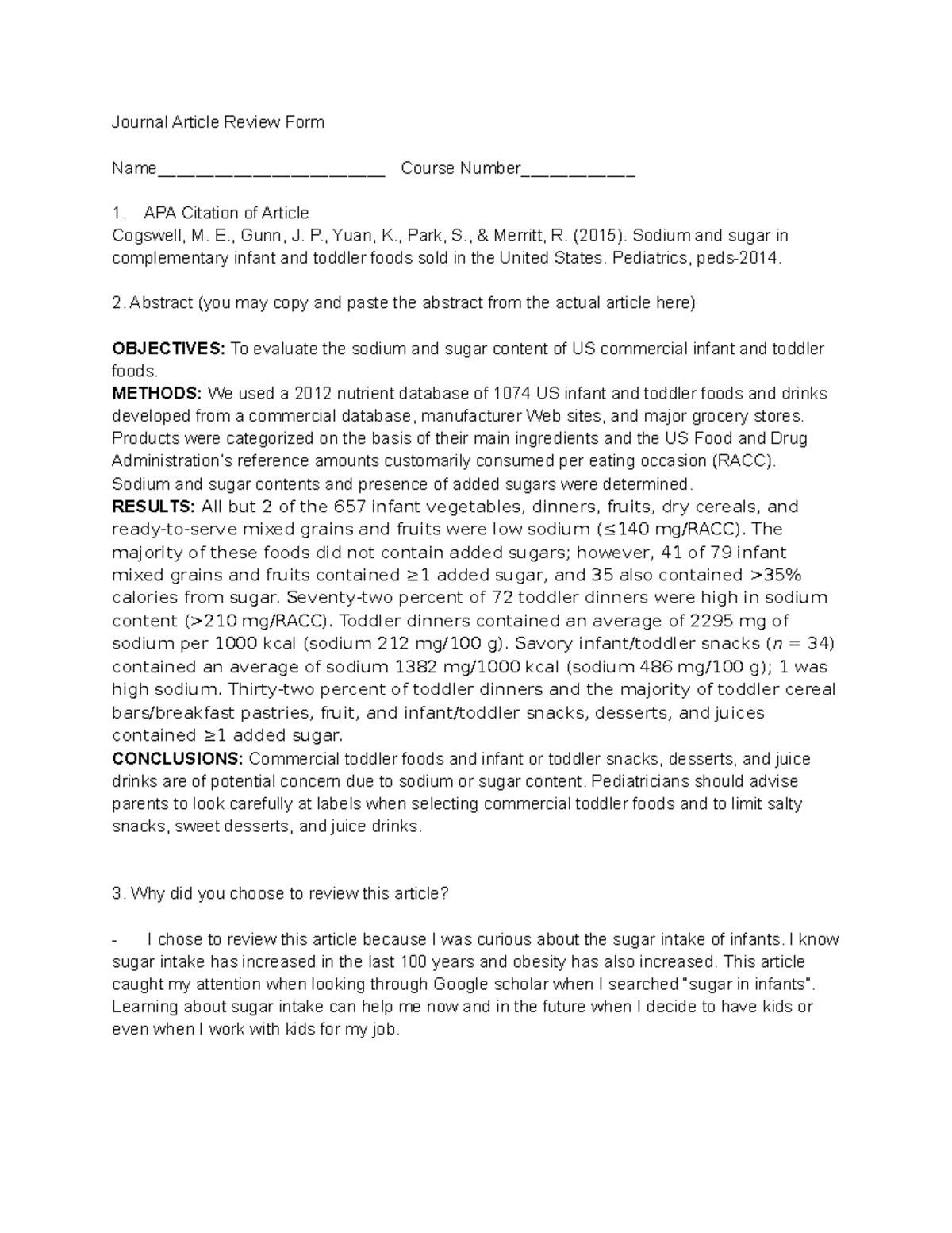 FAMR 331 Journal Article Review - Journal Article Review Form Name
