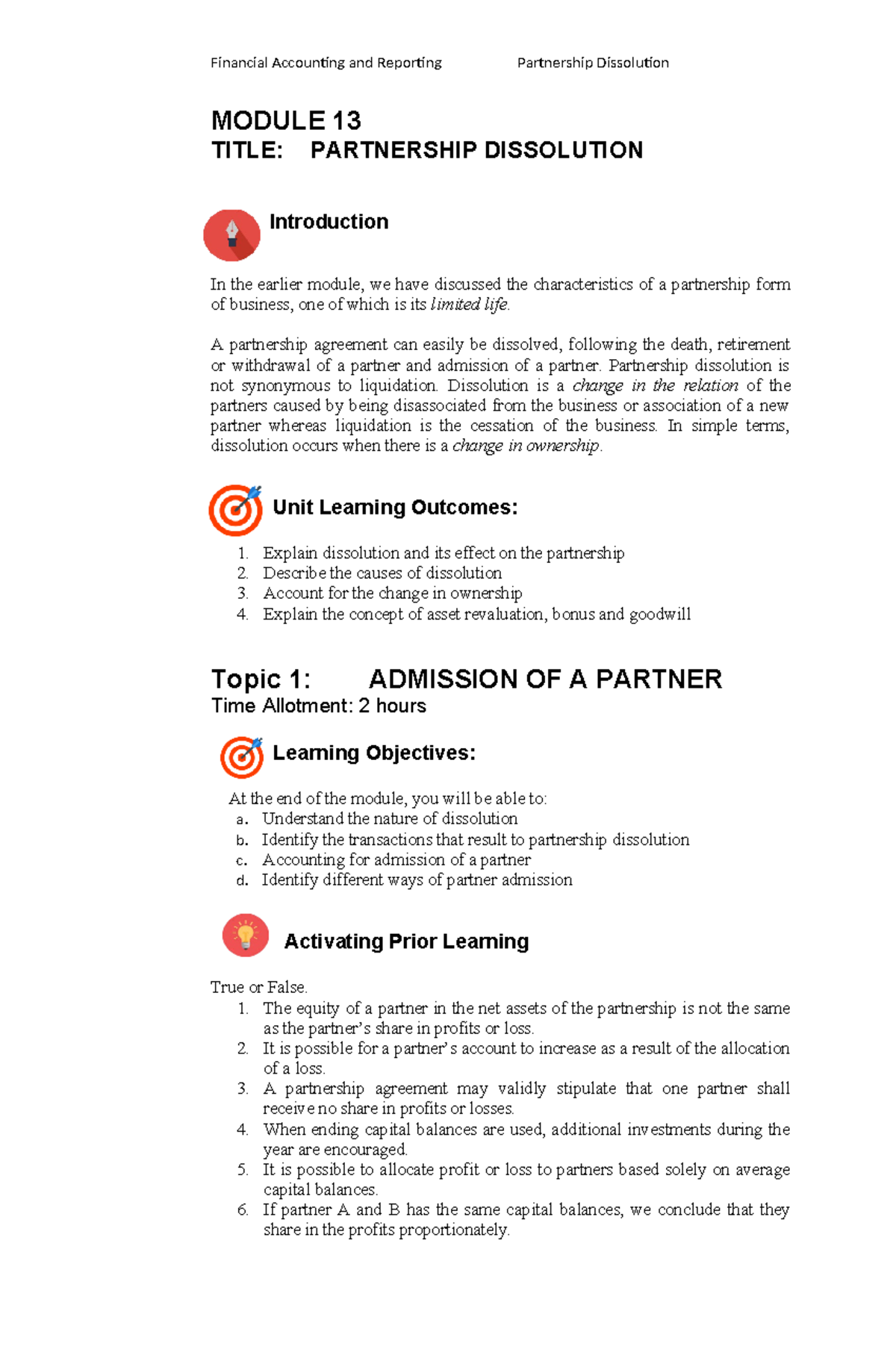 Module 13 Partnership Dissolution - MODULE 13 TITLE: PARTNERSHIP ...