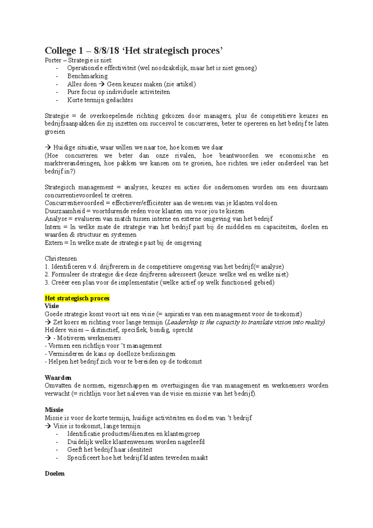 Strategisch management - College 1 – 8/8/18 ‘Het strategisch proces ...