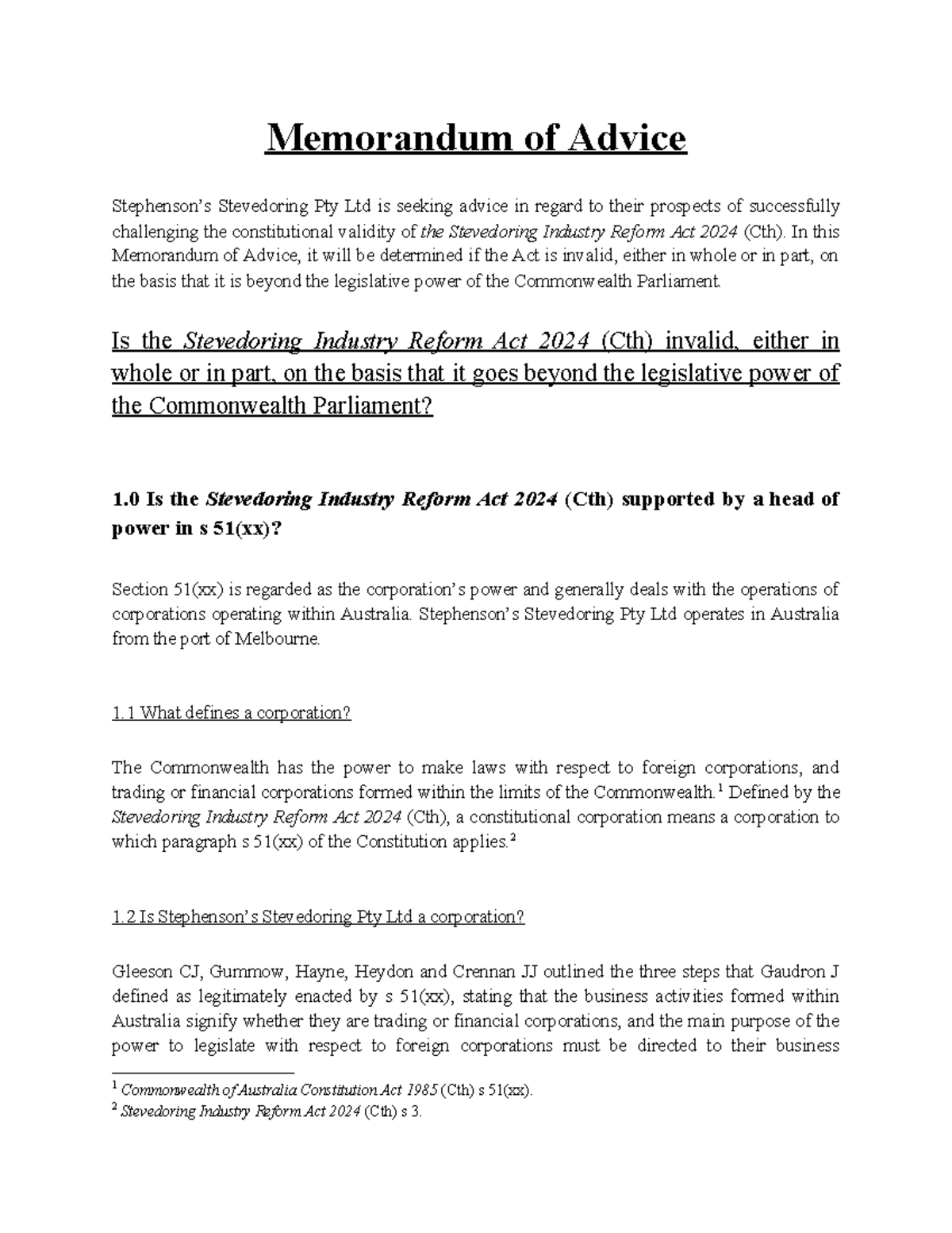 LLB203 Memorandum of Advice Assignment - Memorandum of Advice ...