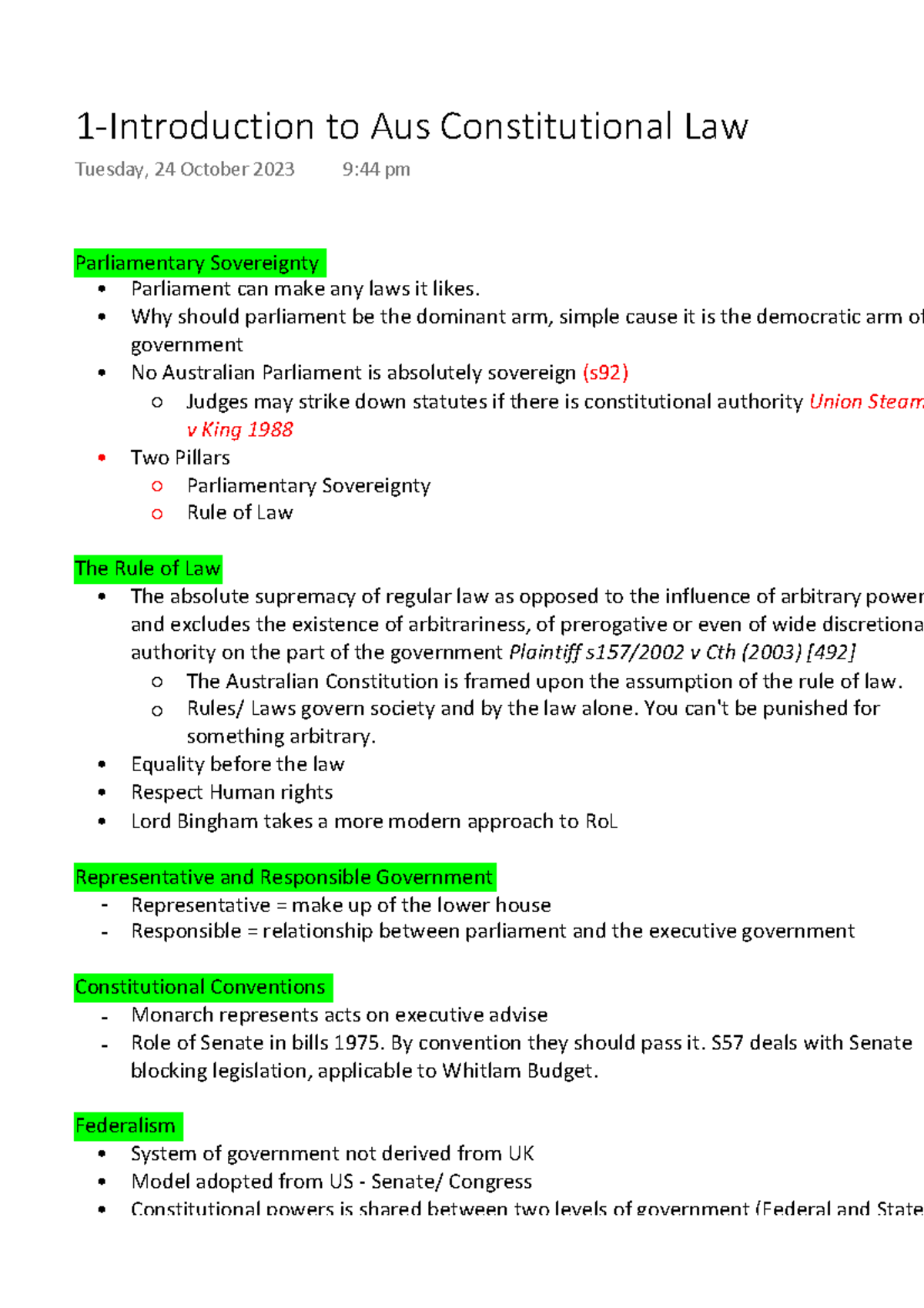 1-Introduction to Aus Constitutional Law - Parliamentary Sovereignty ...