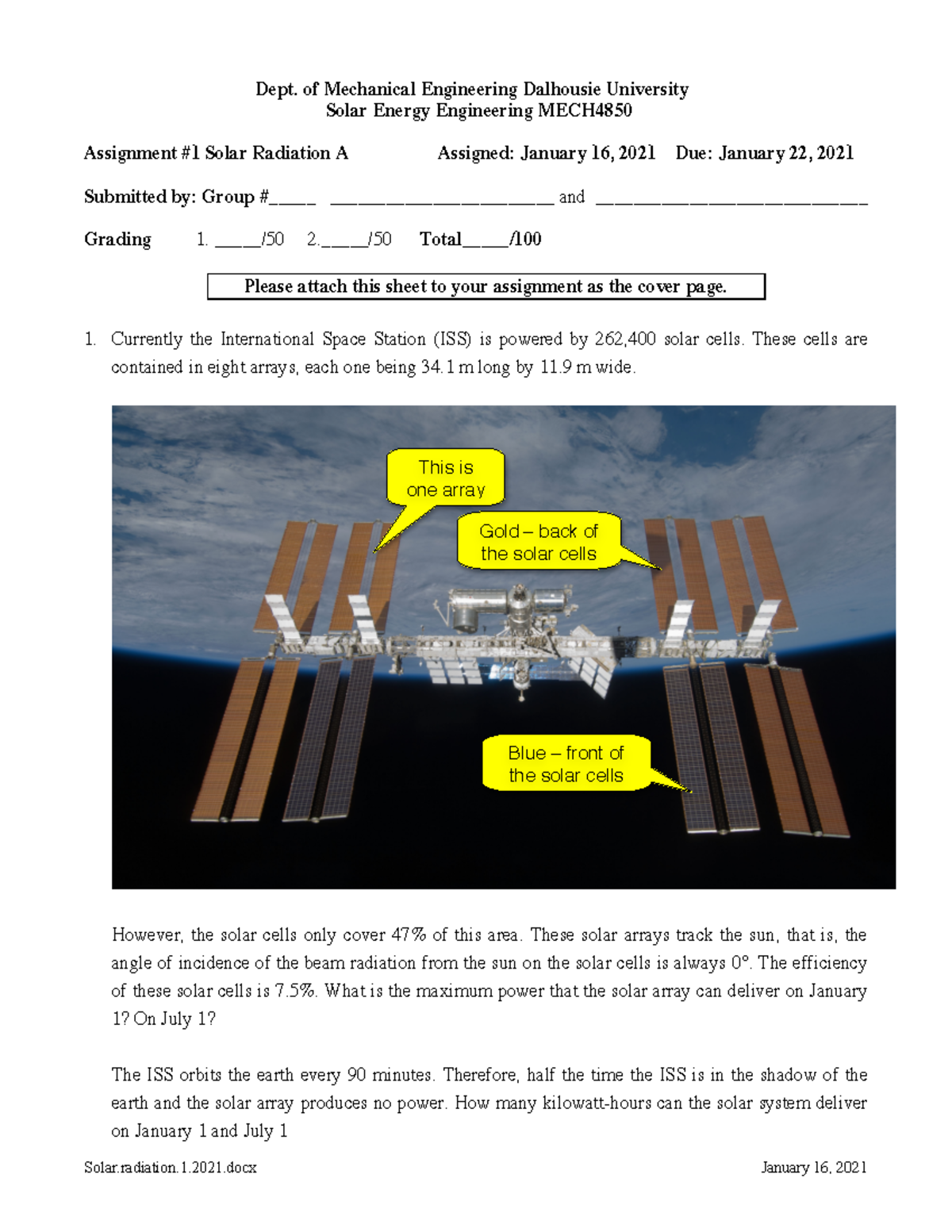 Solar Assignment 1 - Solar.radiation.1.2021 January 16, 2021 Dept. of ...
