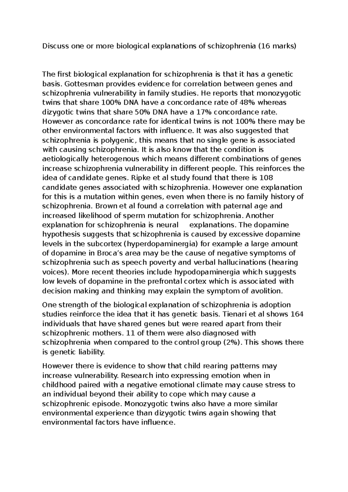 Biological Explanation of Schizophrenia 16 marks - Discuss one or more ...