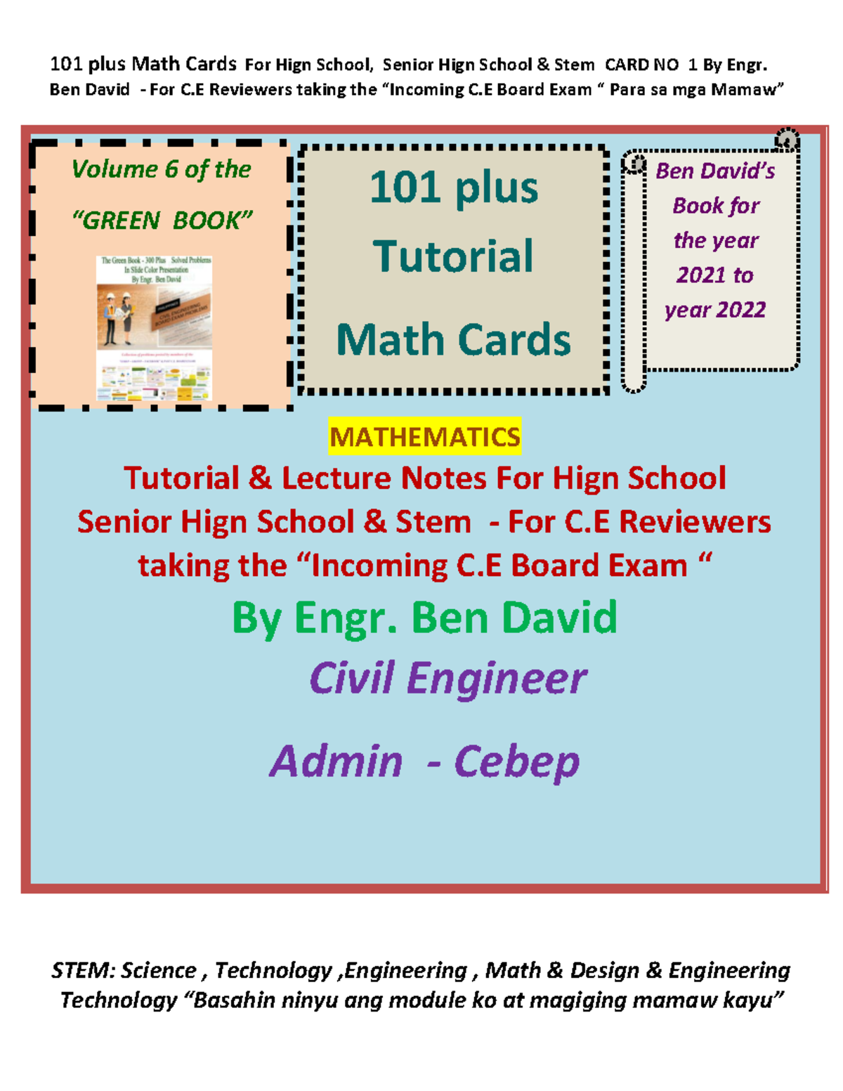 101 Plus math tutorial cards by Engr. Ben David - Ben David - For C Reviewers taking the ...