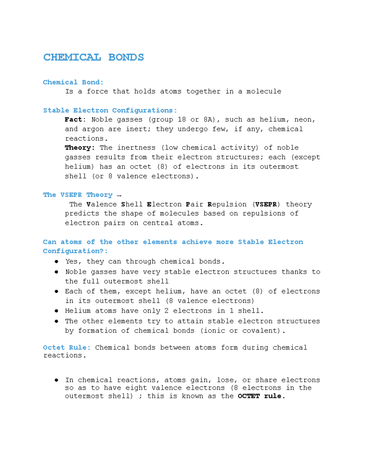 Chemical Bonds study guide - CHEMICAL BONDS Chemical Bond: Is a force ...
