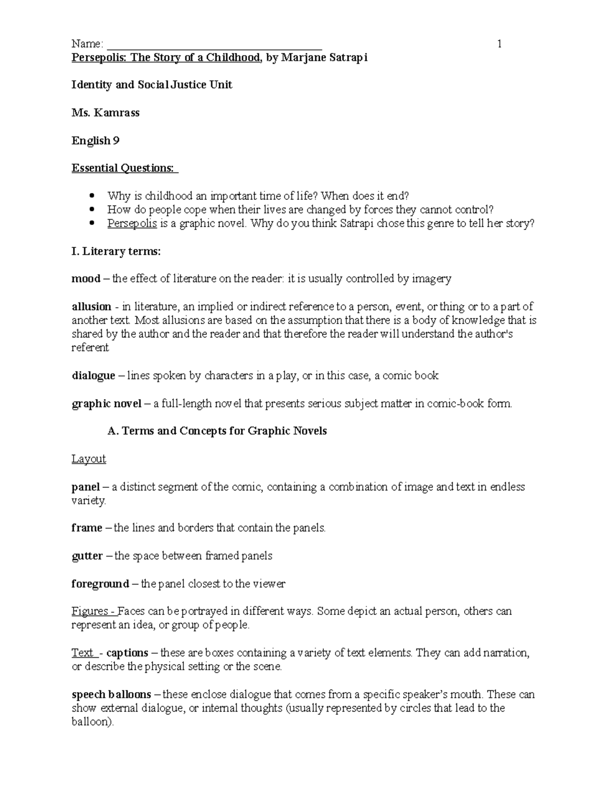 TC EK study guide - kaas - Persepolis: The Story of a Childhood, by ...