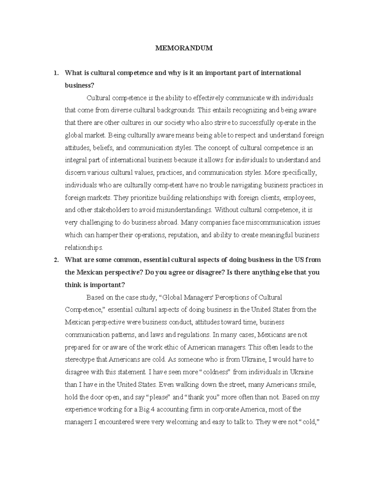 Reflection #3 Memo - lecture notes on cultural competence - MEMORANDUM ...