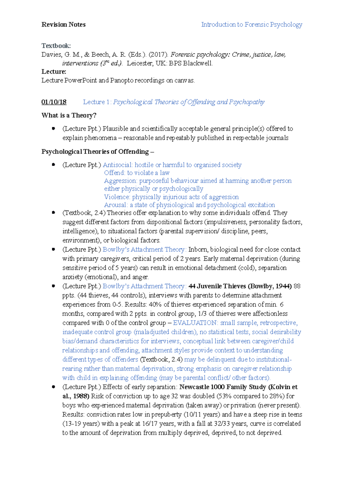 Revision Notes Lecture 1-10 Forensic Psychology - Revision Notes ...