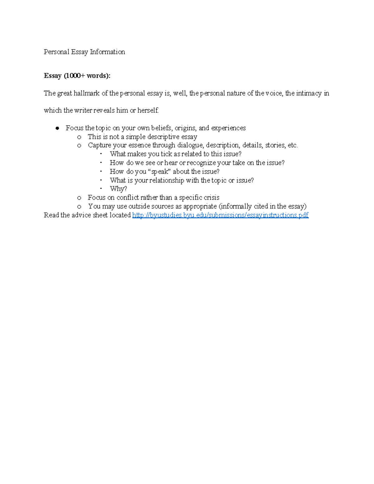 Personal Essay Information - Focus the topic on your own beliefs ...