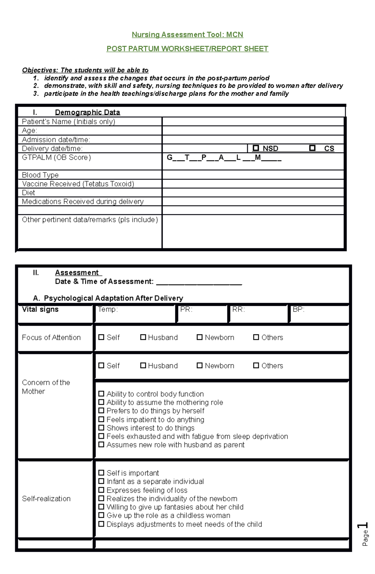 Assessment Tool For Post Partum - Nursing Assessment Tool: MCN POST ...