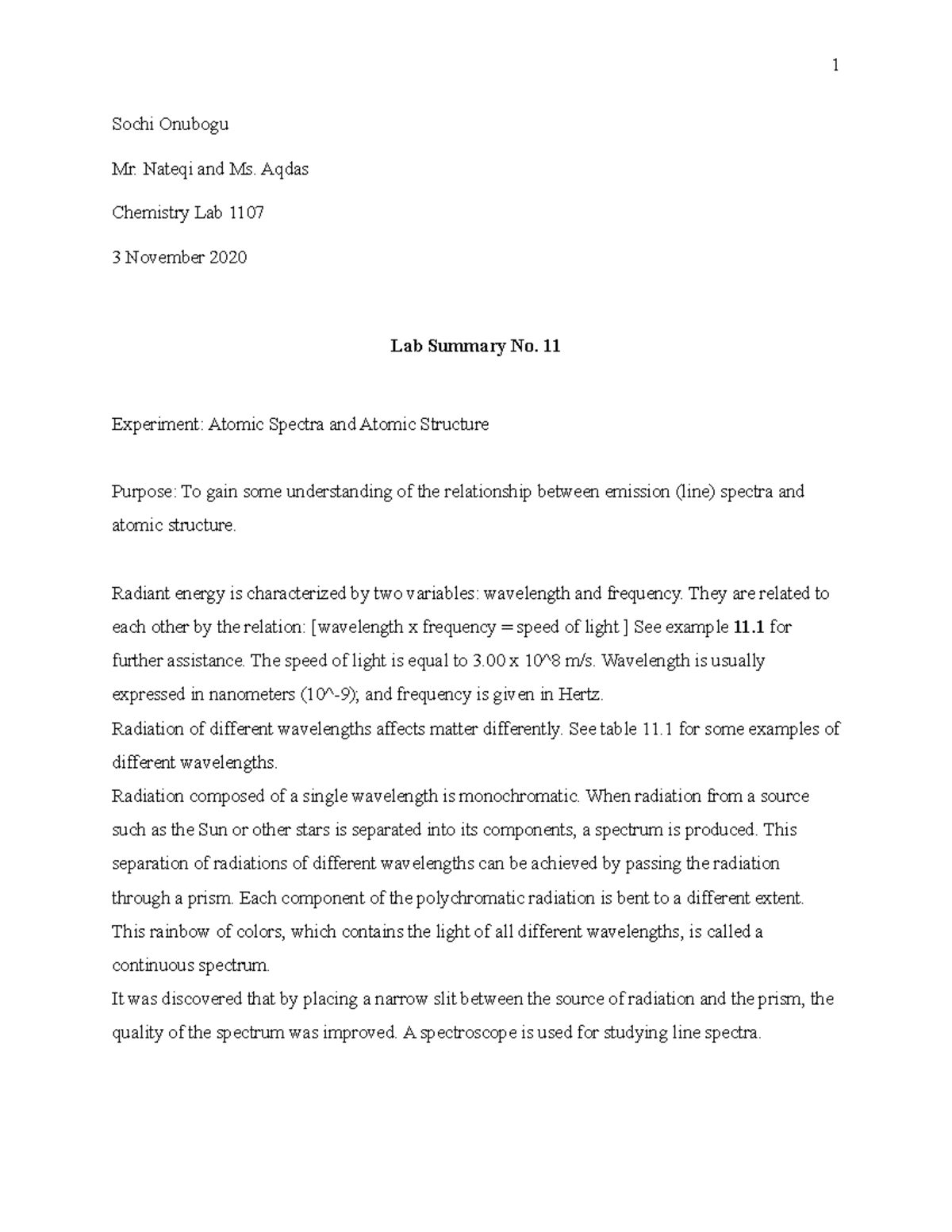 Lab Summary 11 - Chem 1107 - 1 Sochi Onubogu Mr. Nateqi and Ms. Aqdas ...