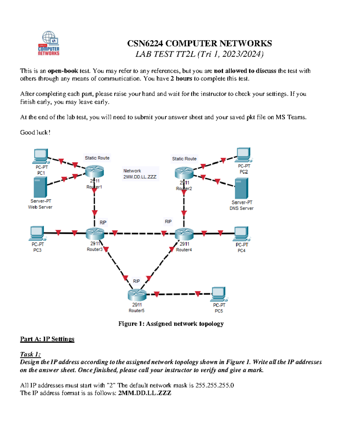 Lab-Test-TT2L - CSN6224 COMPUTER NETWORKS LAB TEST TT2L (Tri 1, 202 3 / ...