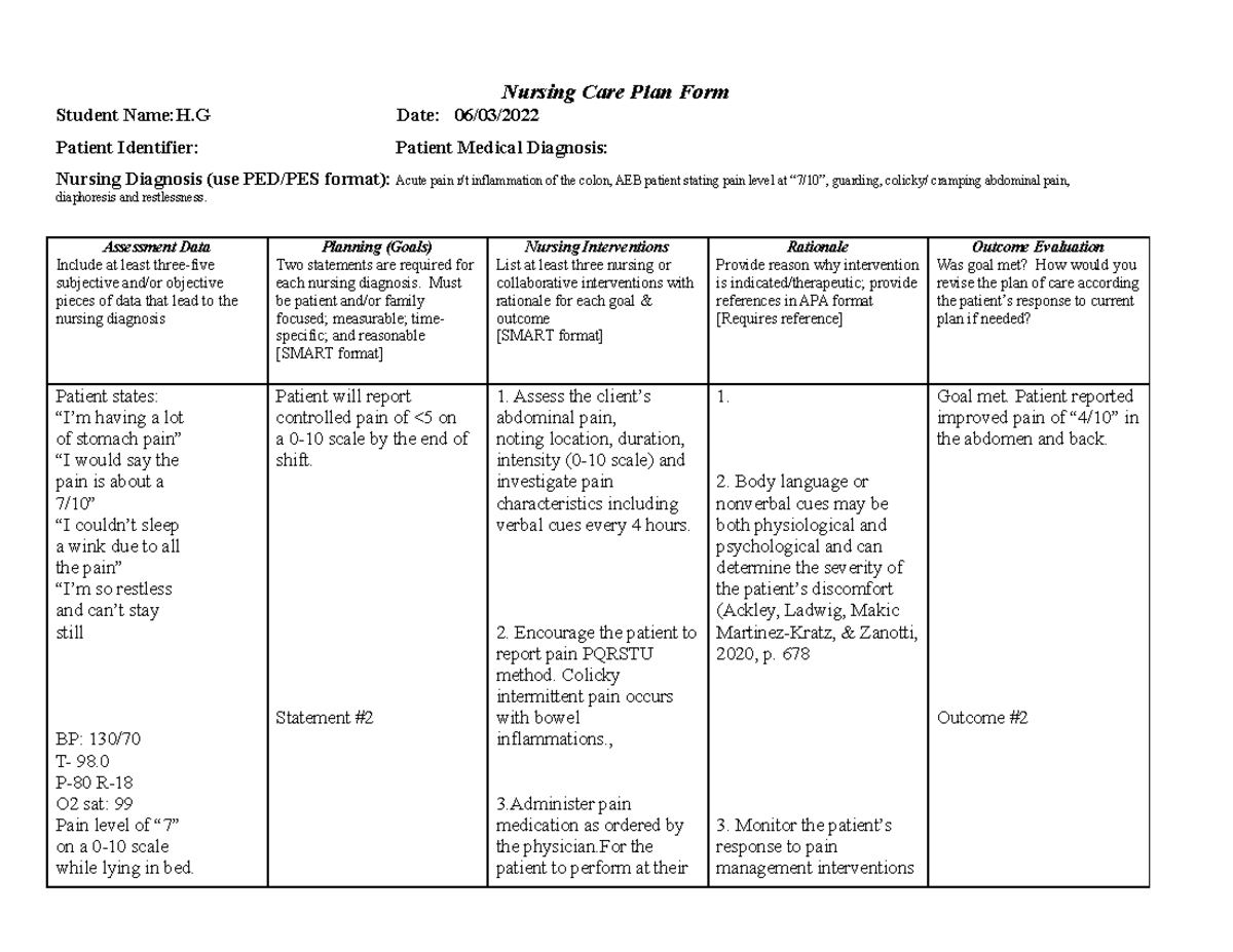 Care plan 2 - notes and lecture - Nursing Care Plan Form Student Name:H ...