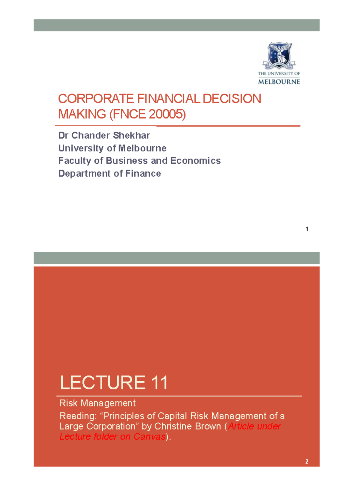 Lec11 FNCE2000 5 - lecture - CORPORATE FINANCIAL DECISION MAKING (FNCE ...