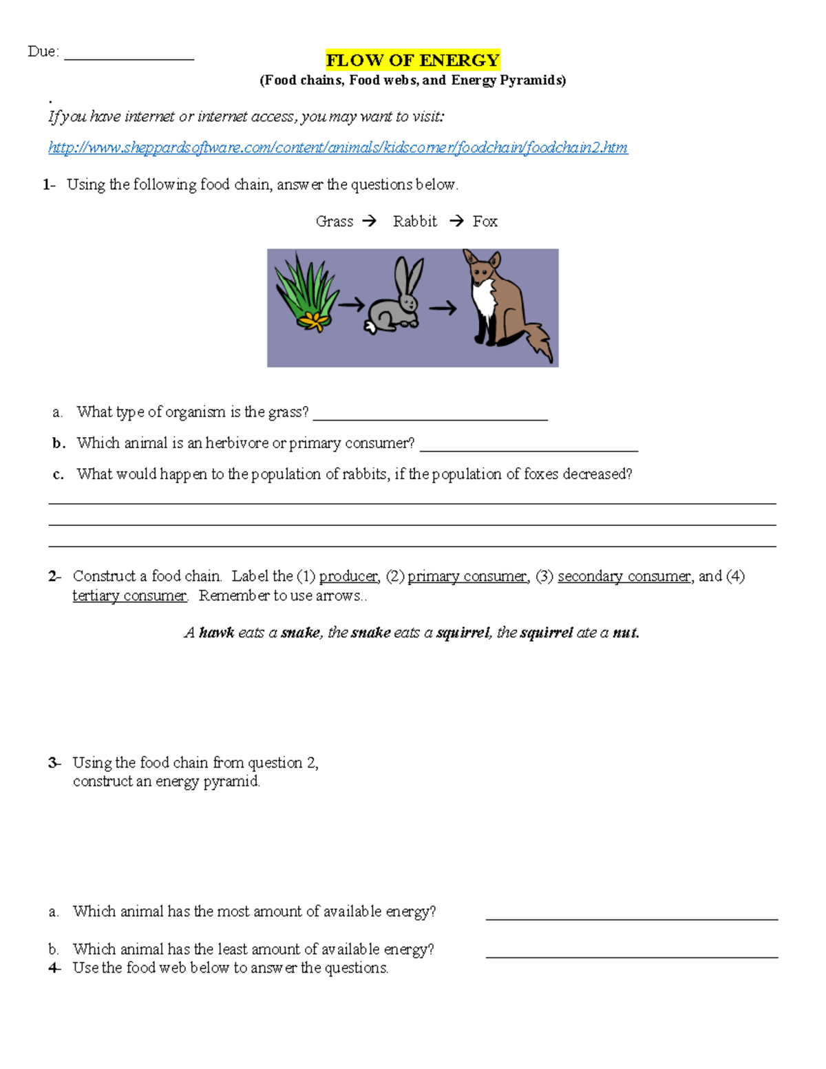 Energy FLOW Guided TASK - Due: ________________ FLOW OF ENERGY (Food ...