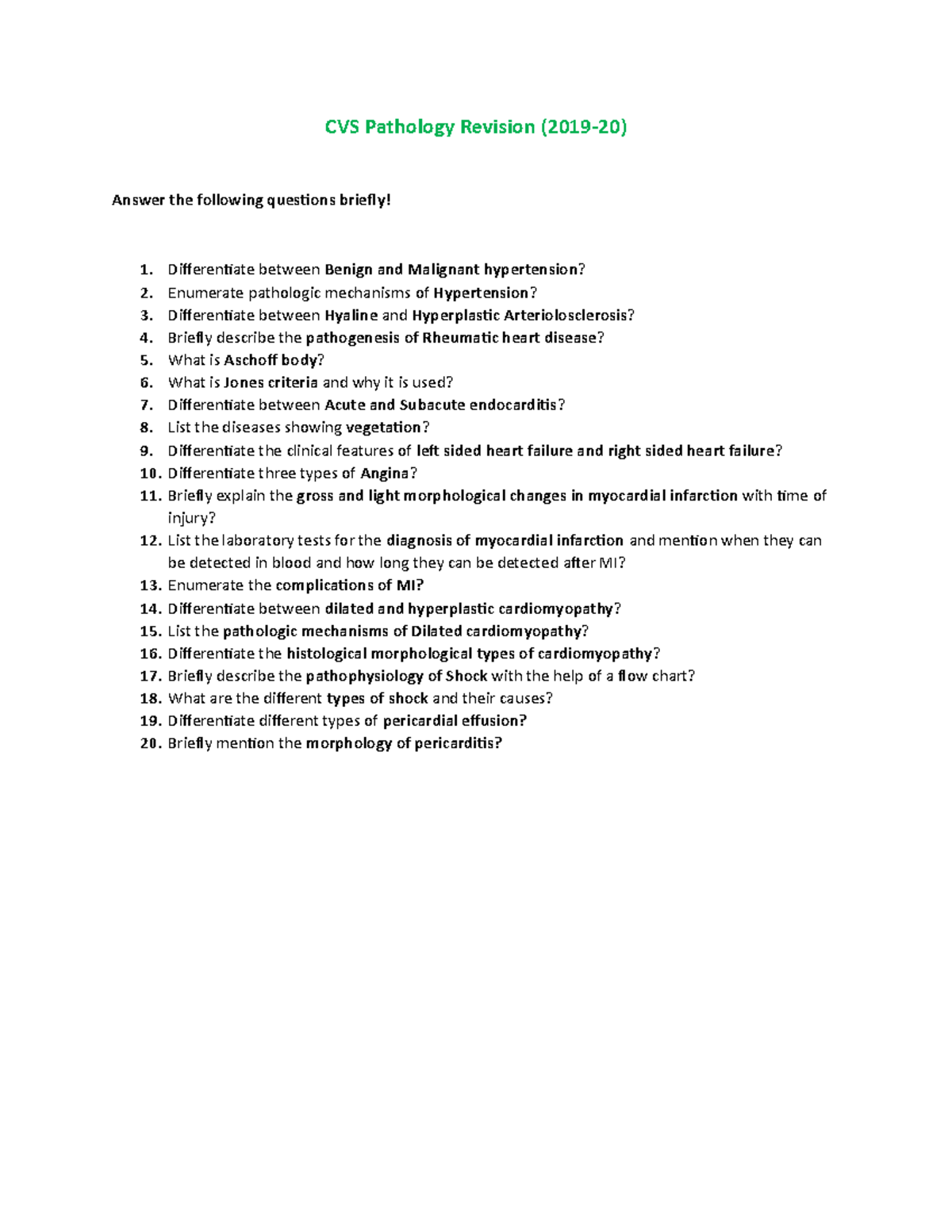 Worksheets of CVS - CVS Pathology Revision (2019-20) Answer the ...